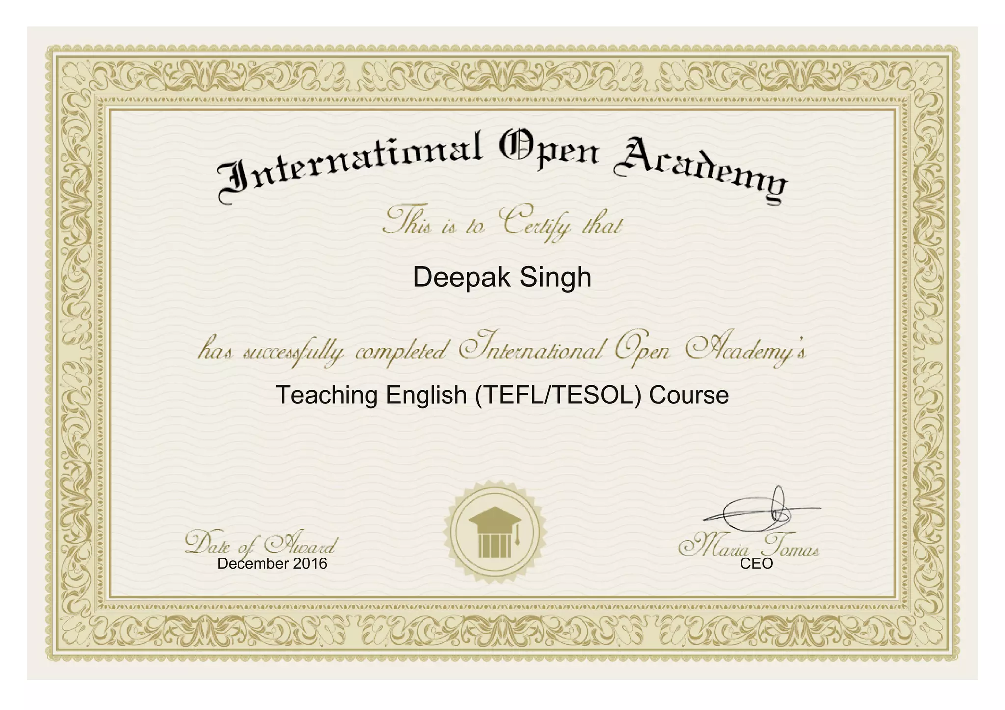 TESOL Certificate of Deepak (Danny) Singh | PDF