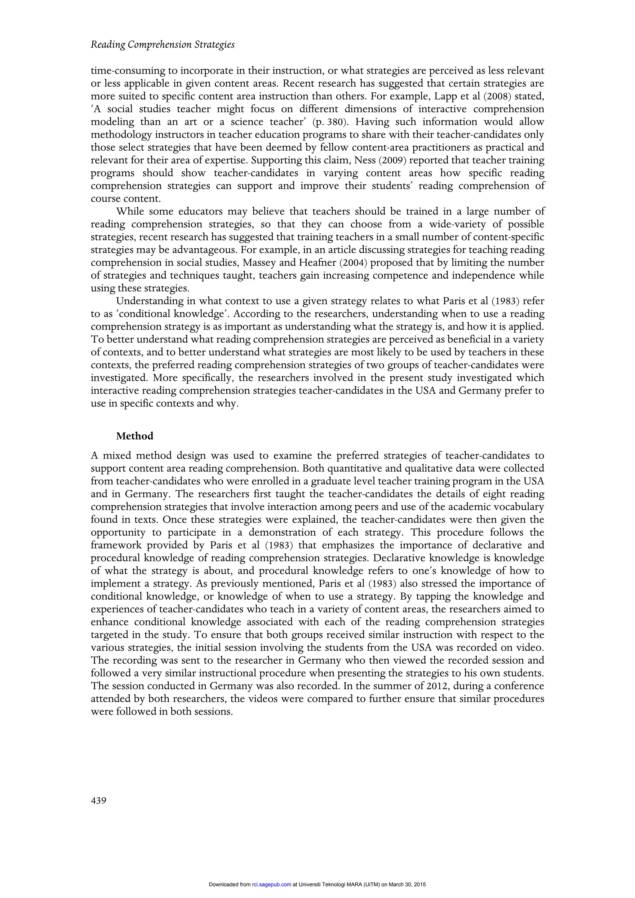 Reading Comprehension Strategies: An International Comparison of ...