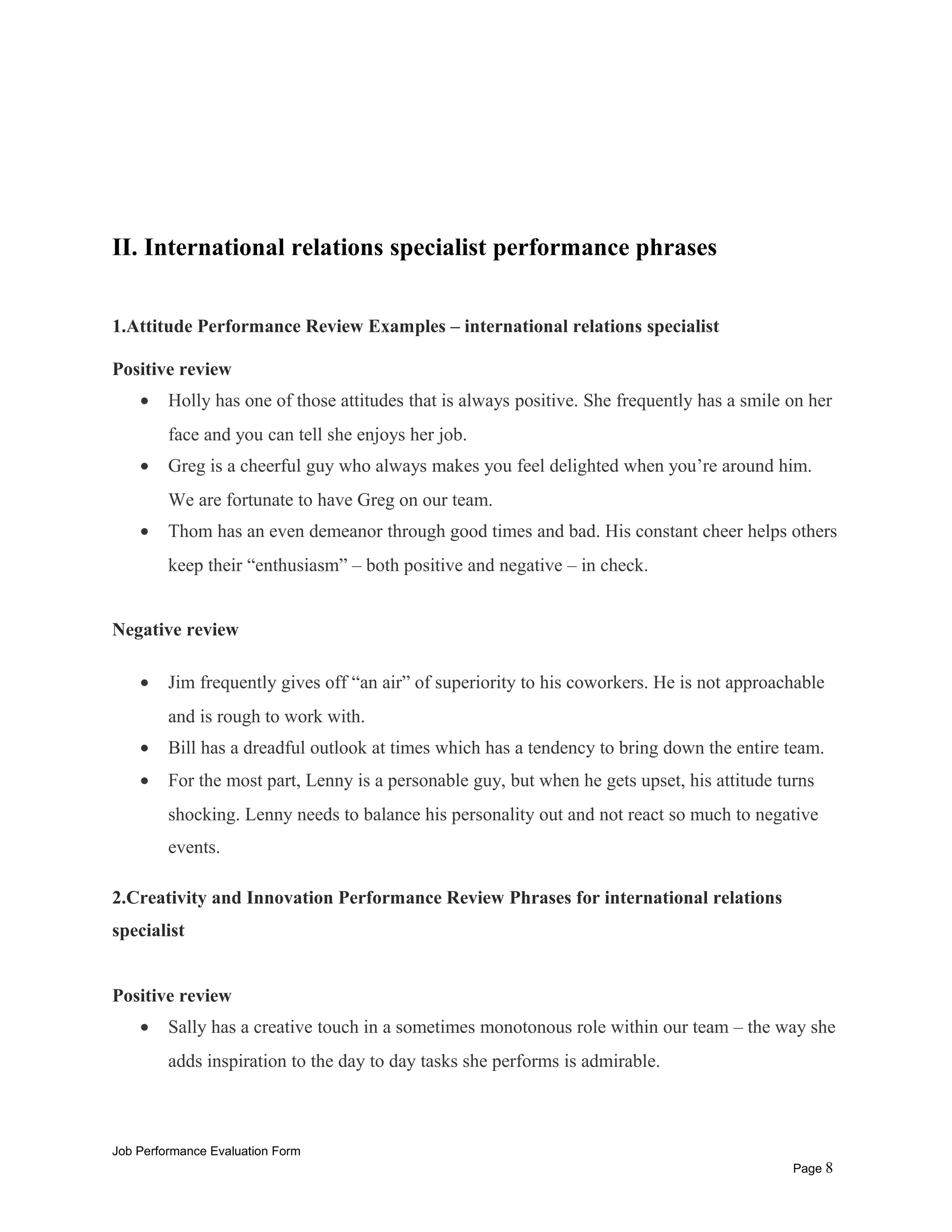 International relations specialist performance appraisal | DOC