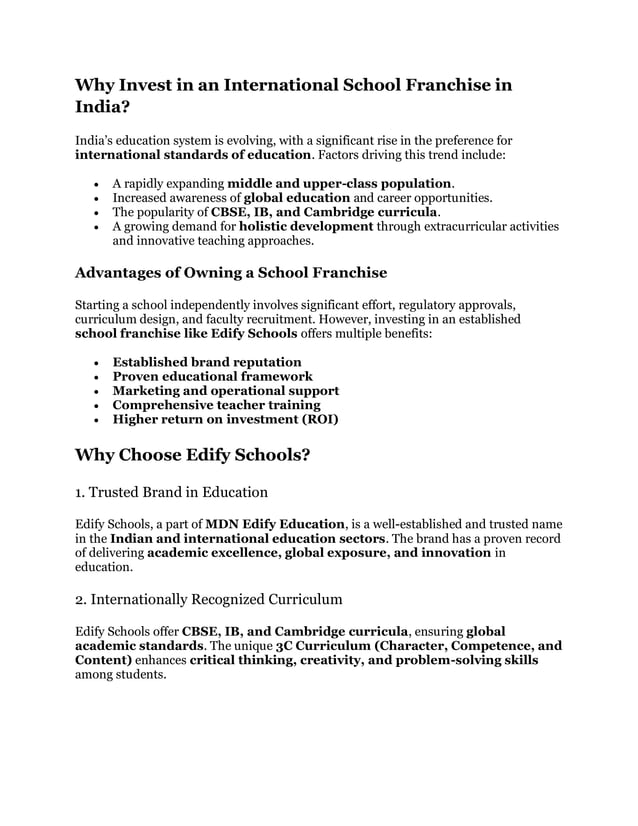 International School Franchise Opportunity in India with Edify Schools | PDF