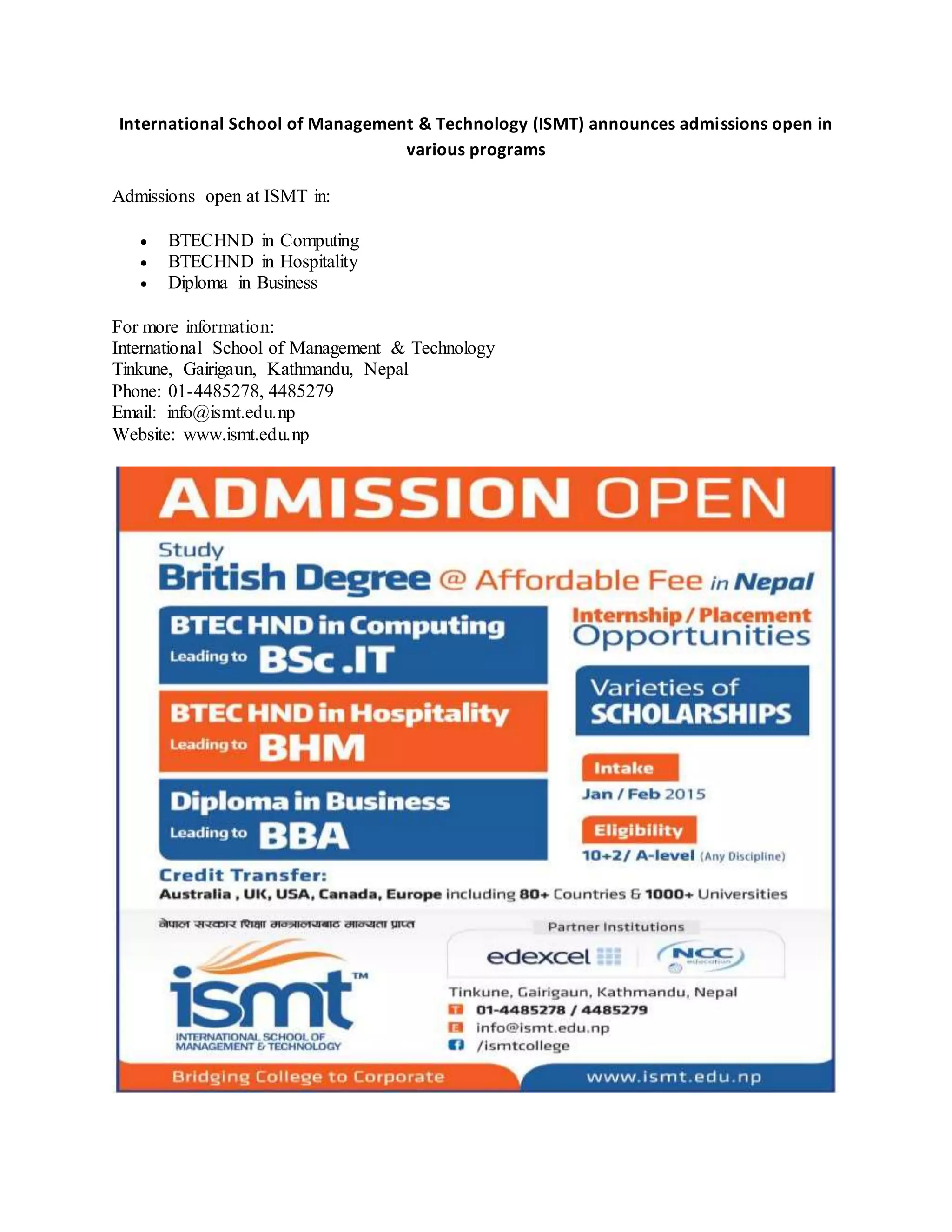 International School of Management & Technology (ISMT) announces ...