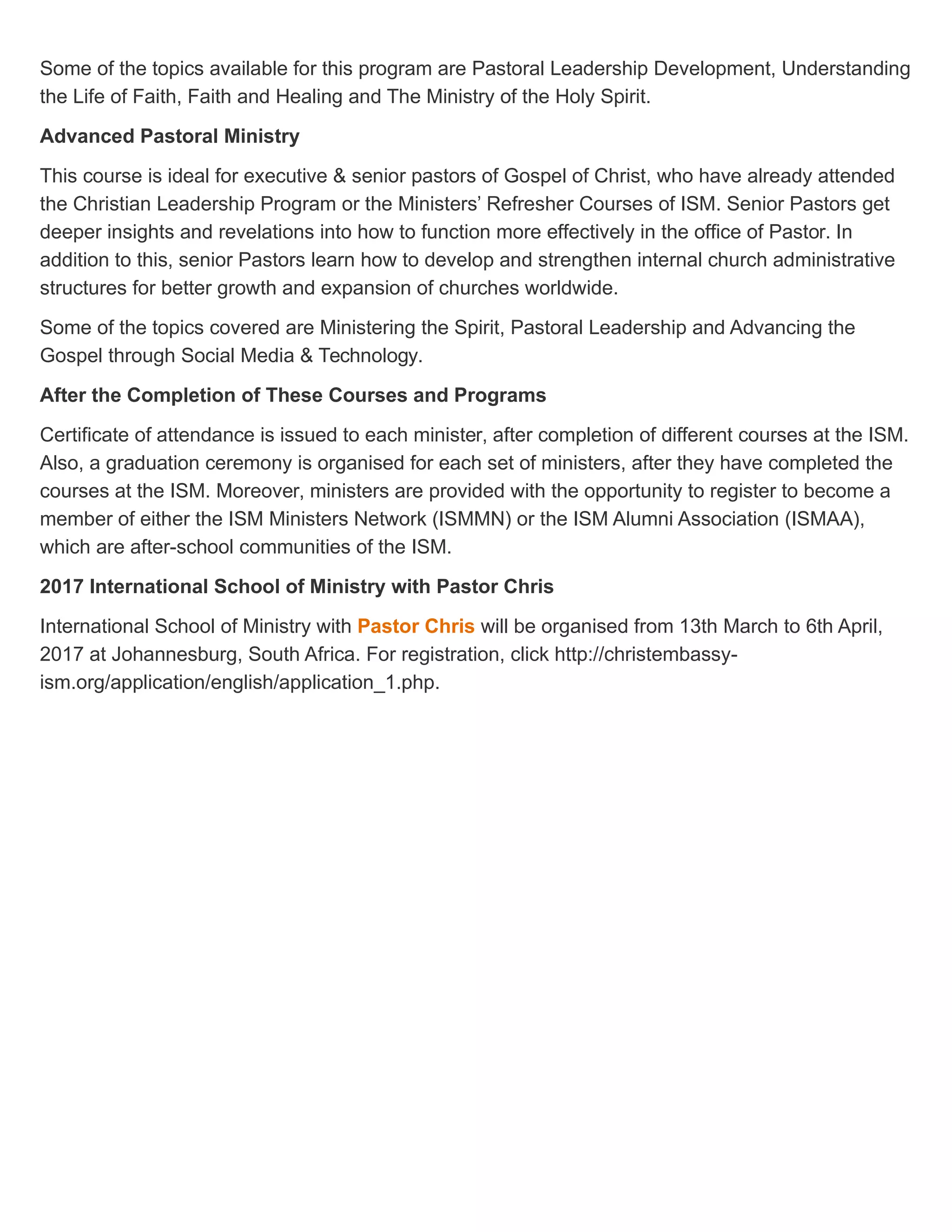 International School of Ministry – Imparting Pastors and Ministers | PDF