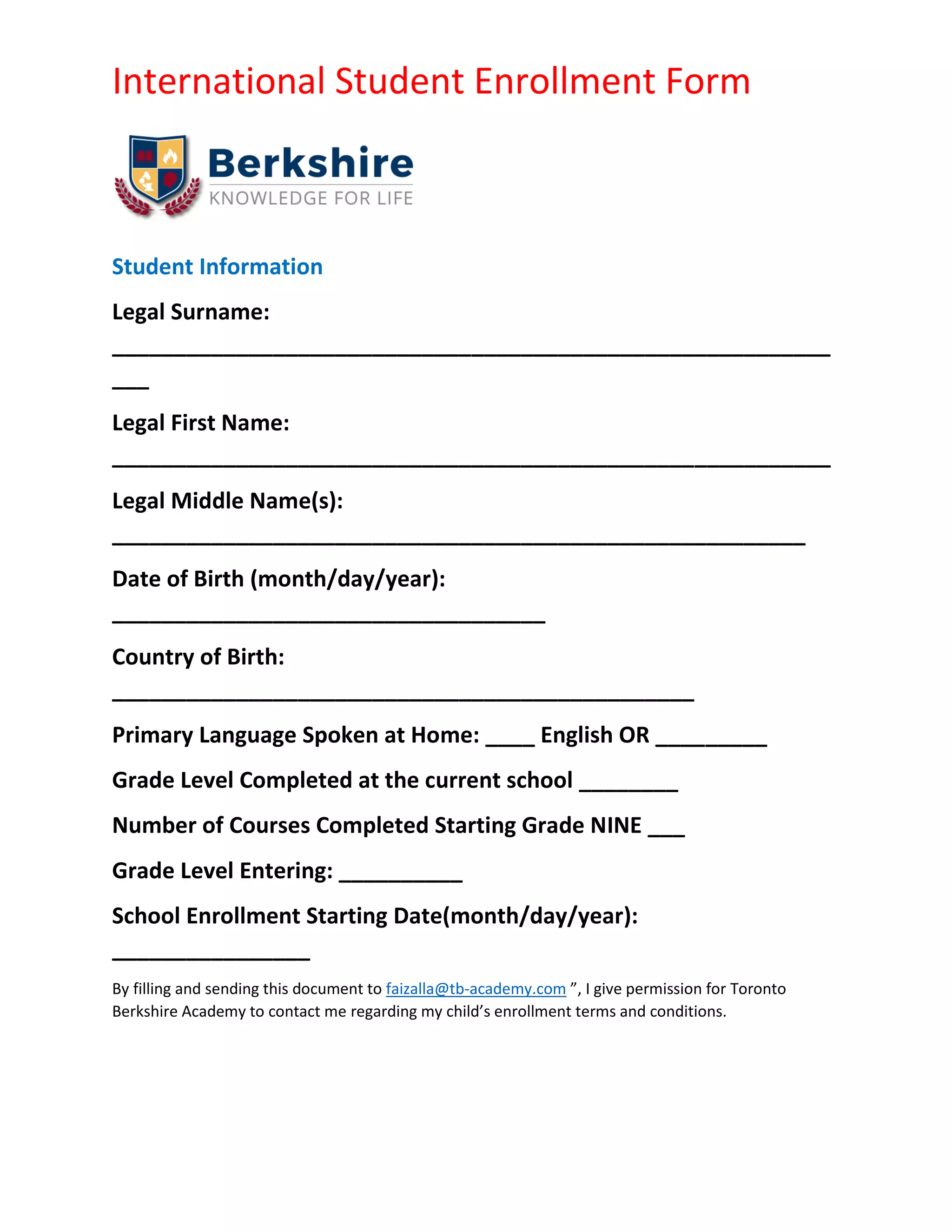 International student enrollment form TBA | PDF