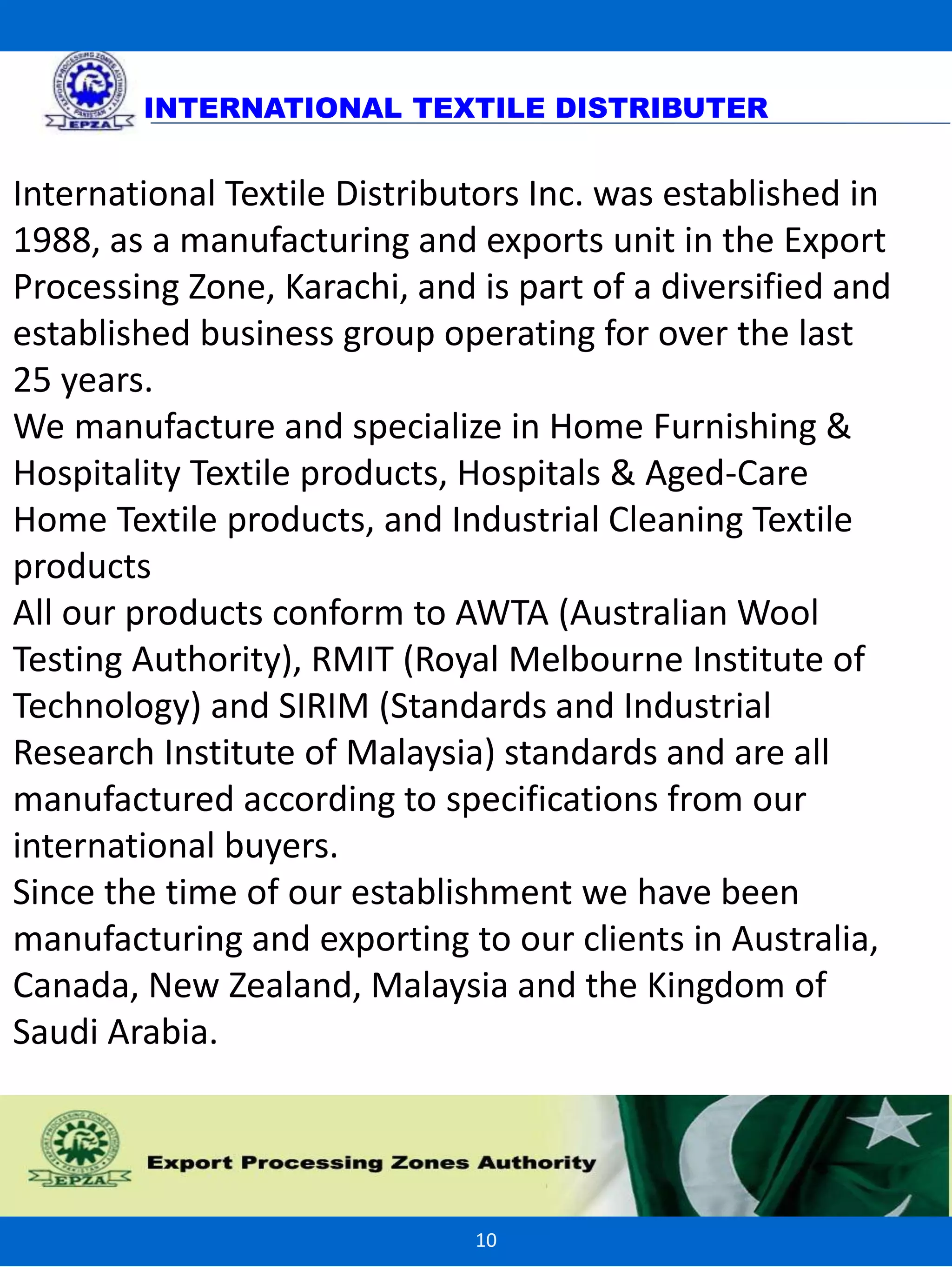 International textile Distributers-Export Processing Zones Pakistan | PPTX