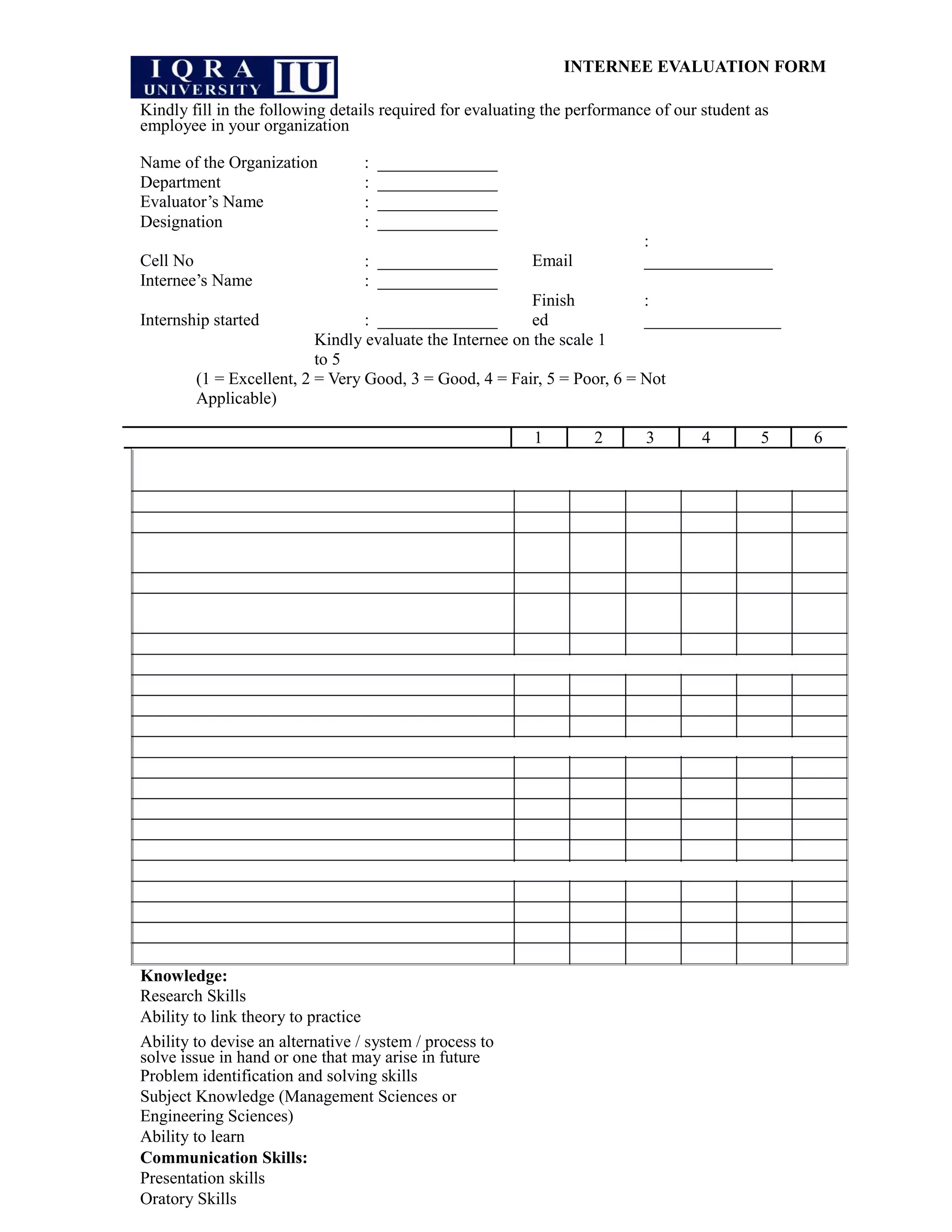 Internee evaluation form for Iqra University Student | RTF