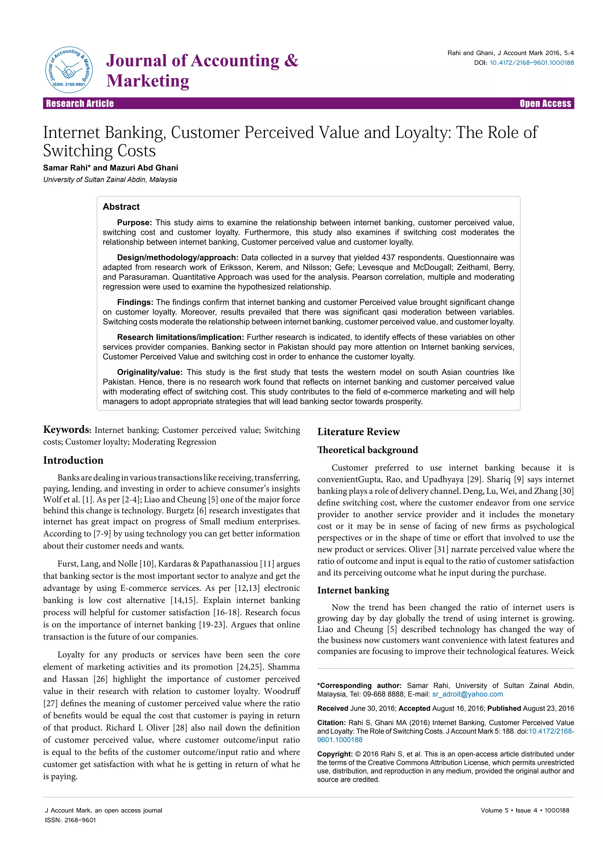 Internet banking, customer perceived value and loyalty the role of switching costs | PDF
