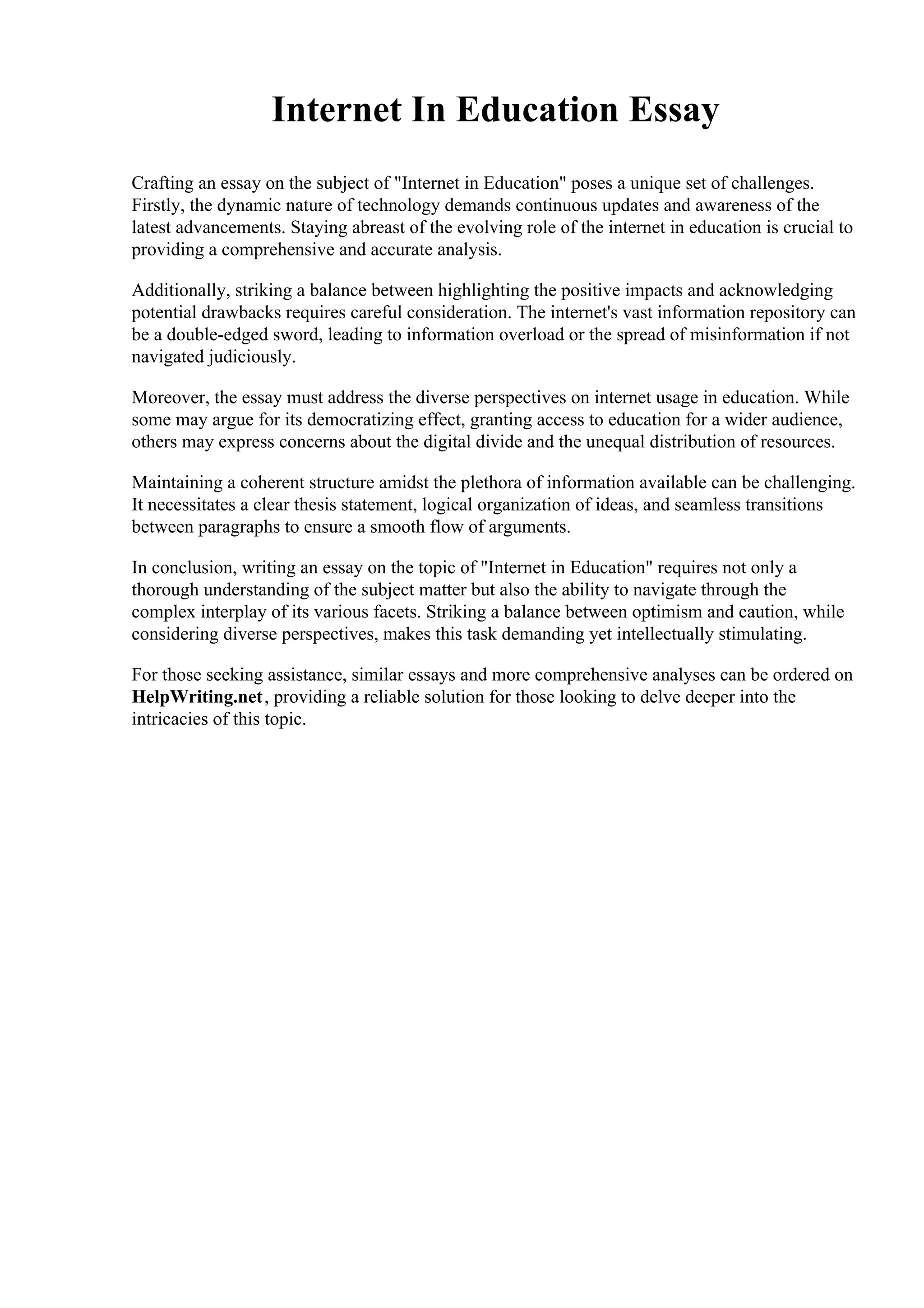 Internet In Education Essay. Ohio Valley University | PDF