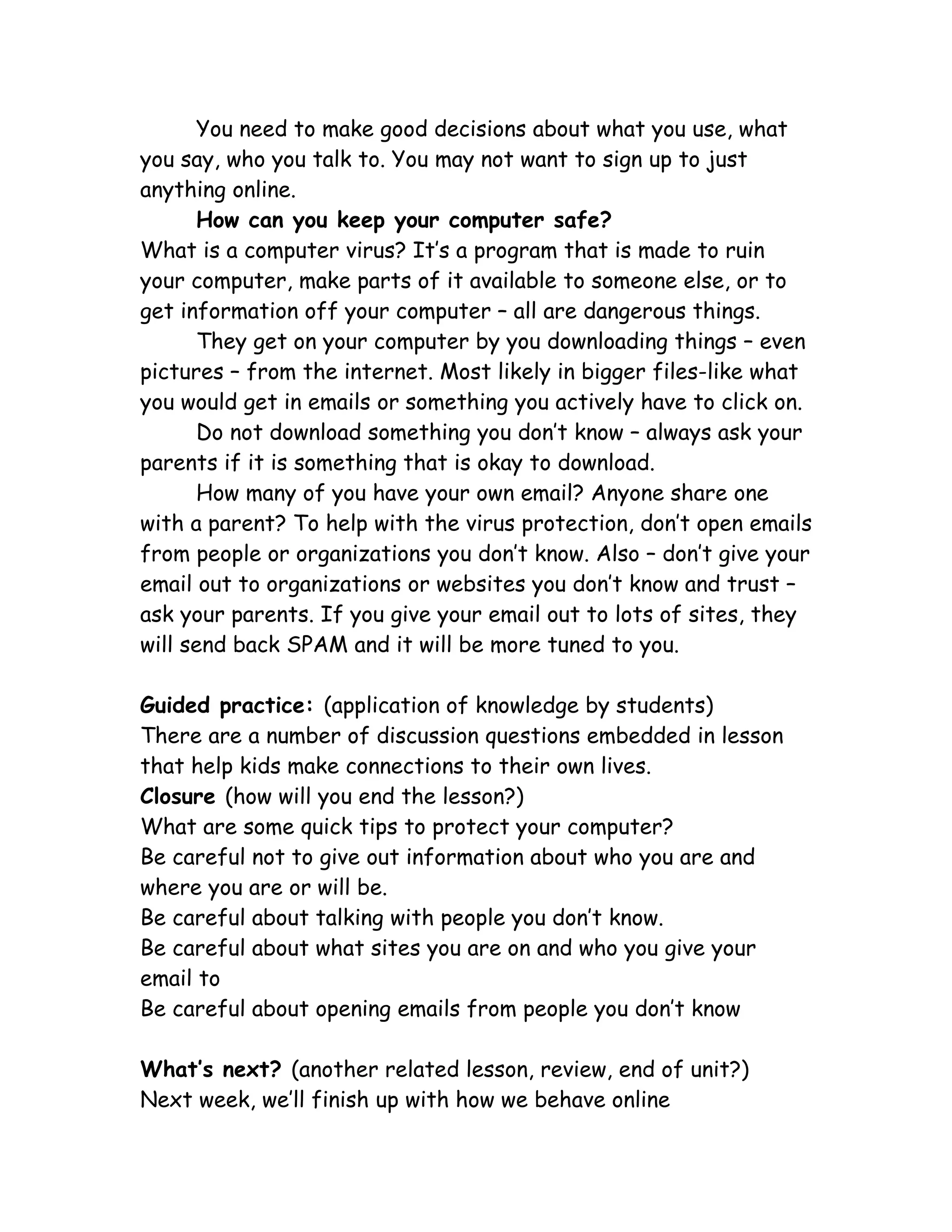 Internet Safety Lesson Plan 1 | DOC