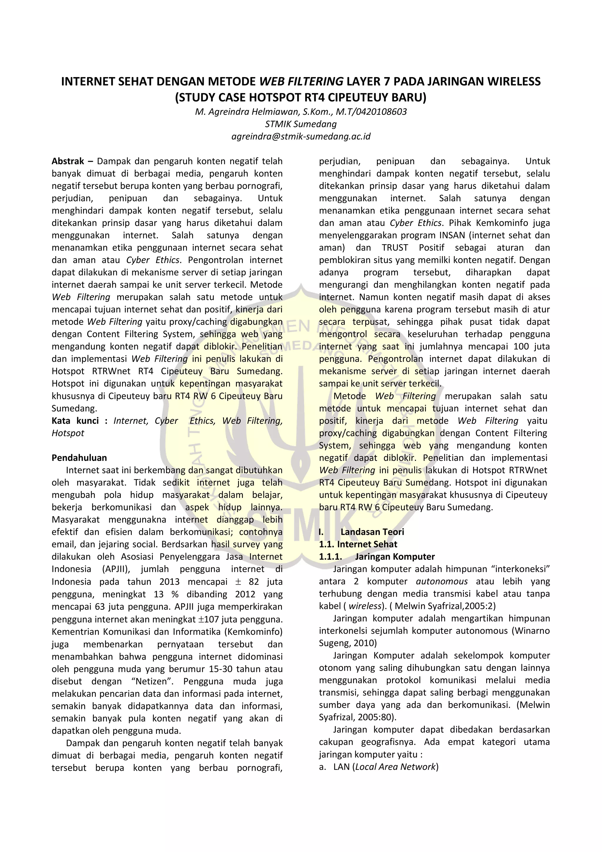Internet sehat dengan metode web filtering layer 7 pada jaringan wireless | PDF