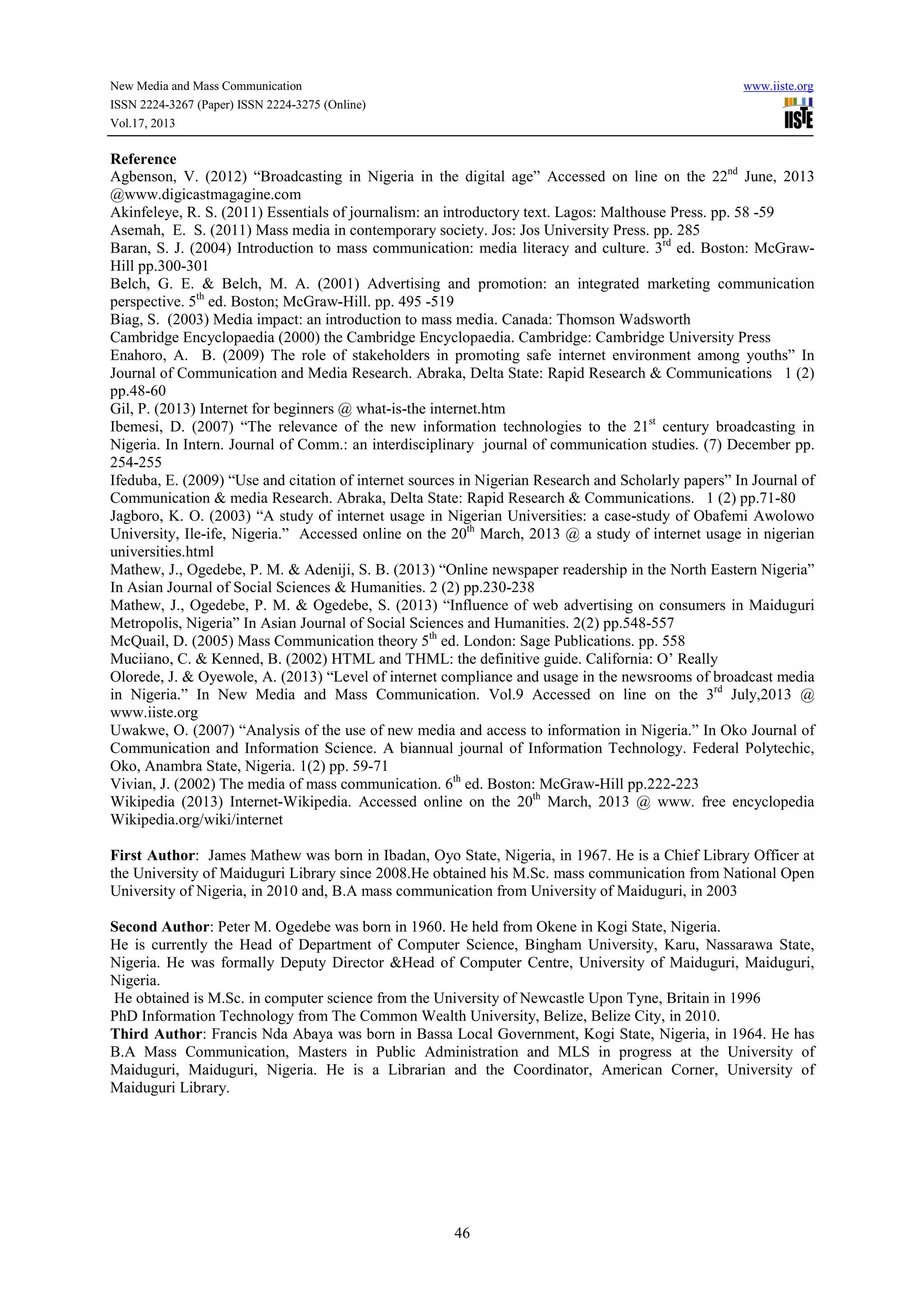 Internet usage among broadcast media practitioners in nigeria | PDF