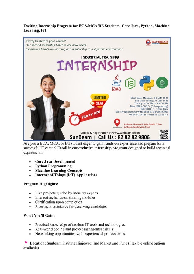 Exciting Internship Program for BCA/MCA/BE Students: Core Java, Python, Machine Learning, IoT | PDF