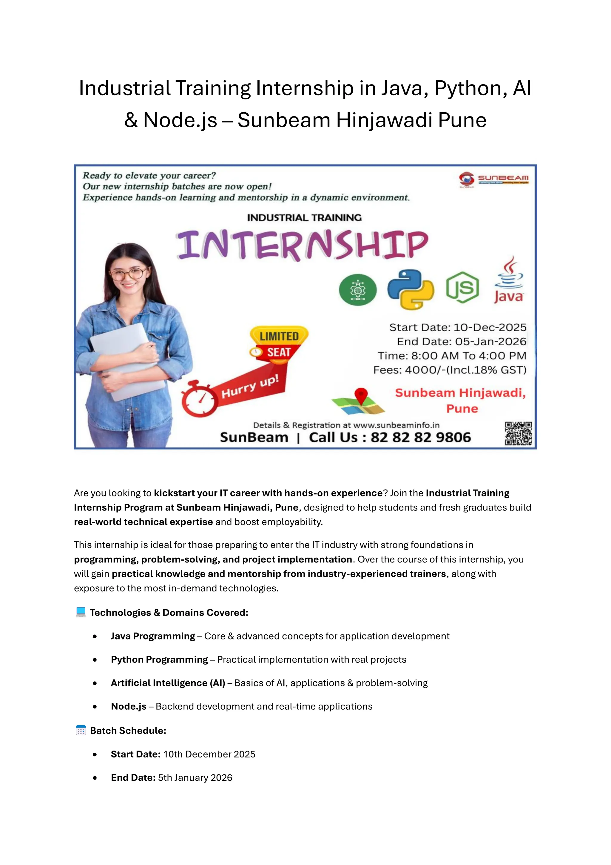 Industrial Training Internship in Java, Python, AI & Node.js – Sunbeam Hinjawadi Pune | PDF