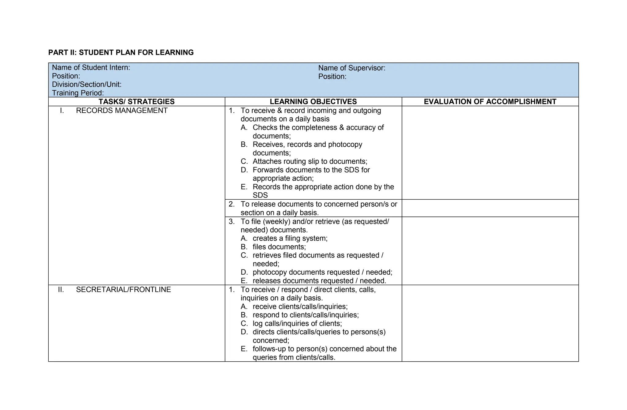 University Internship Plan Document Template | DOCX