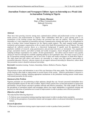 Journalism Trainers and Newspapers Editors Agree on Internship as a Weak Link in Journalism ...