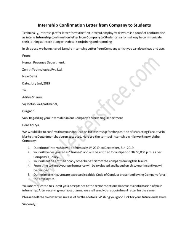 Internship Confirmation Letter from Company to Students