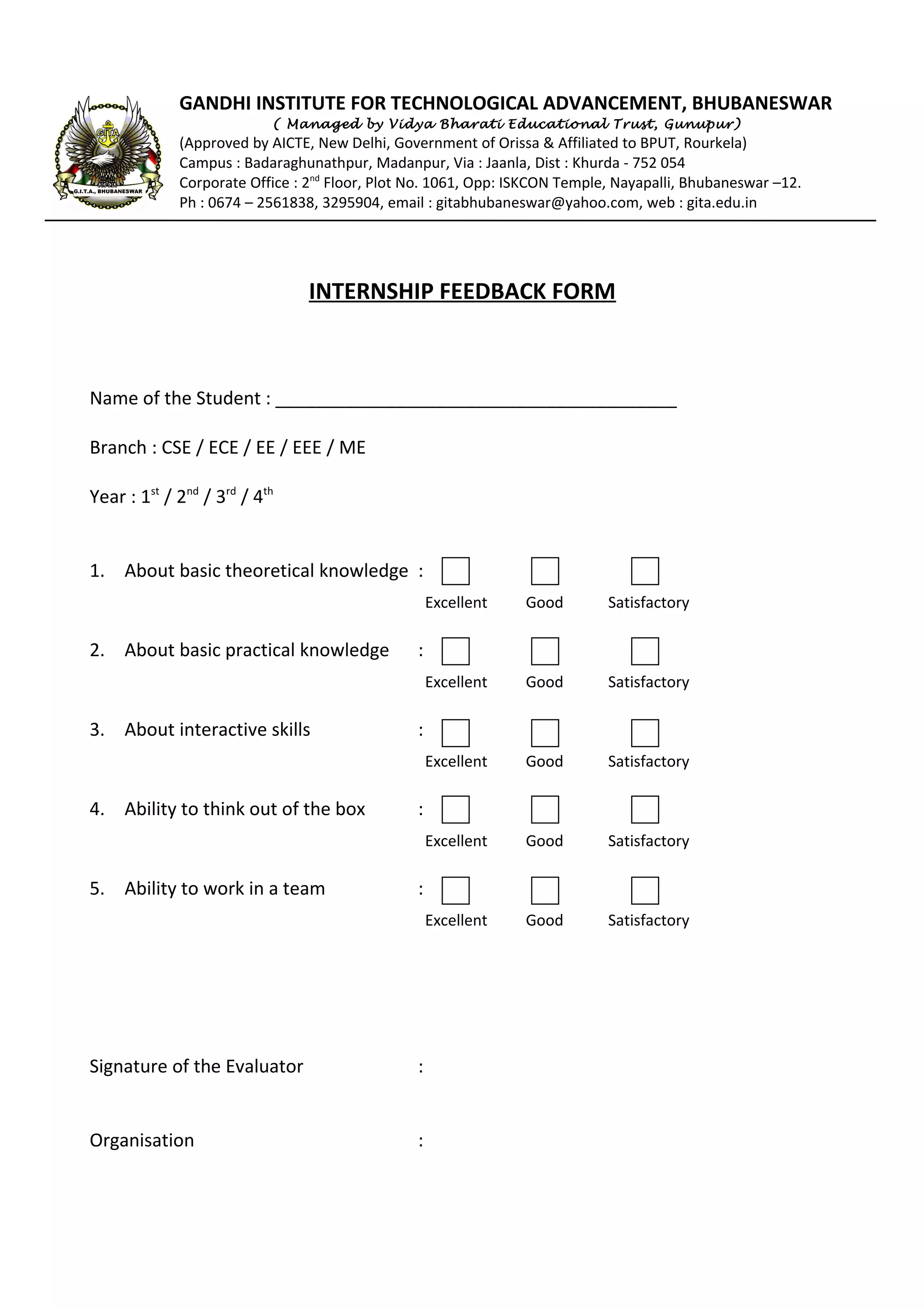 Internship feedback form | DOC
