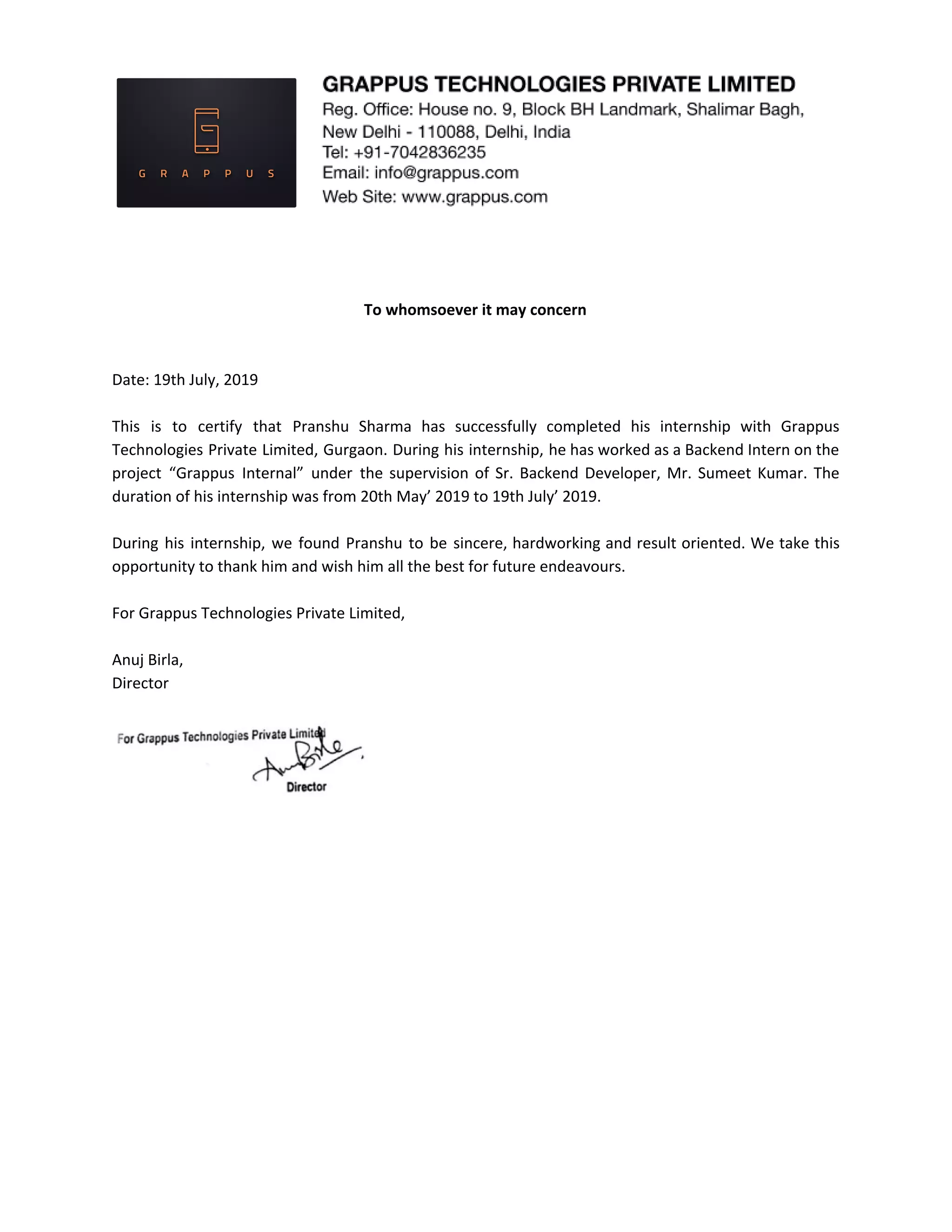 Internship letter pranshu | PDF