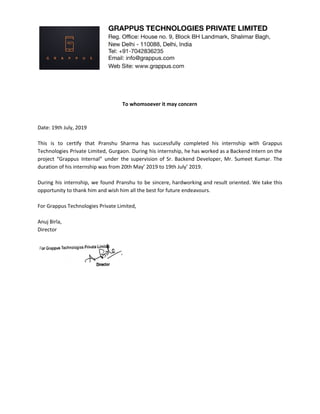 Internship letter pranshu | PDF