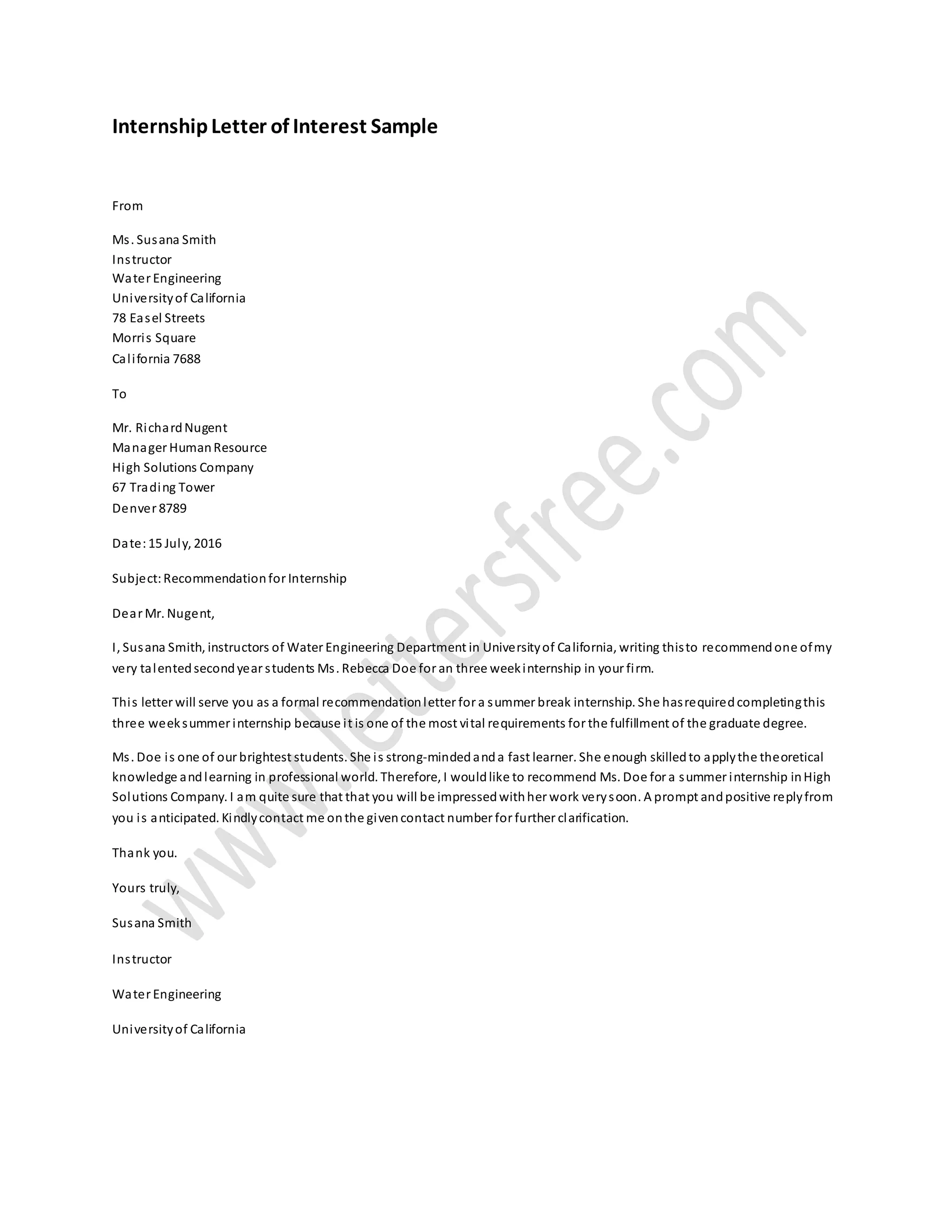 Internship Letter of Interest Sample | DOCX