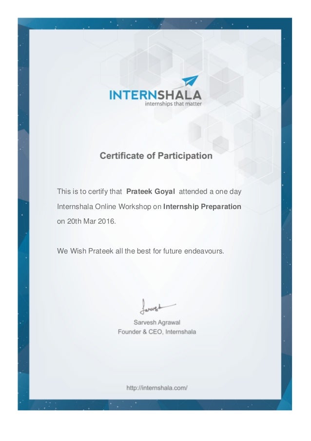 Internship preparation workshop certificate