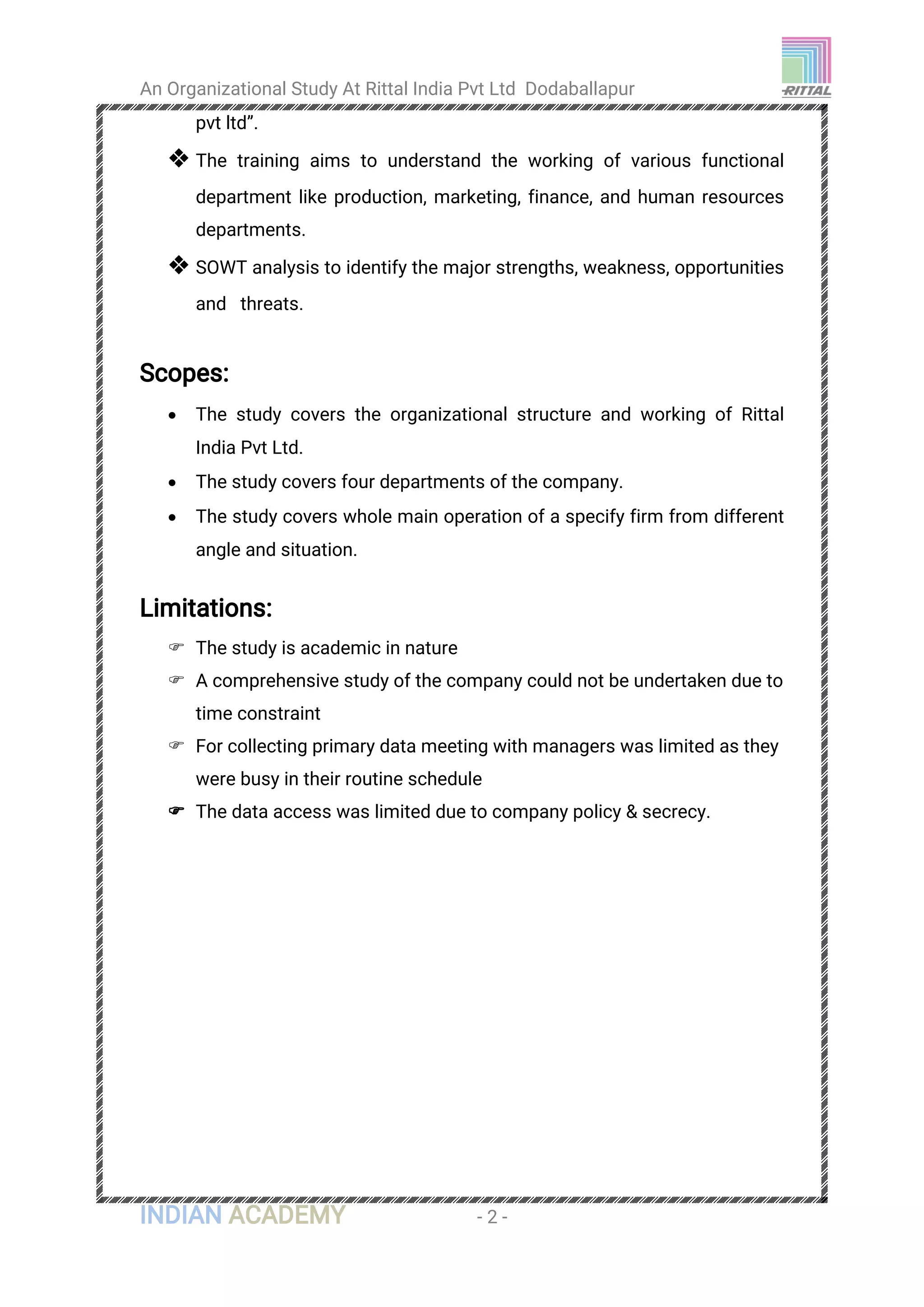 An organisation study at Rittal India Pvt Ltd | PDF