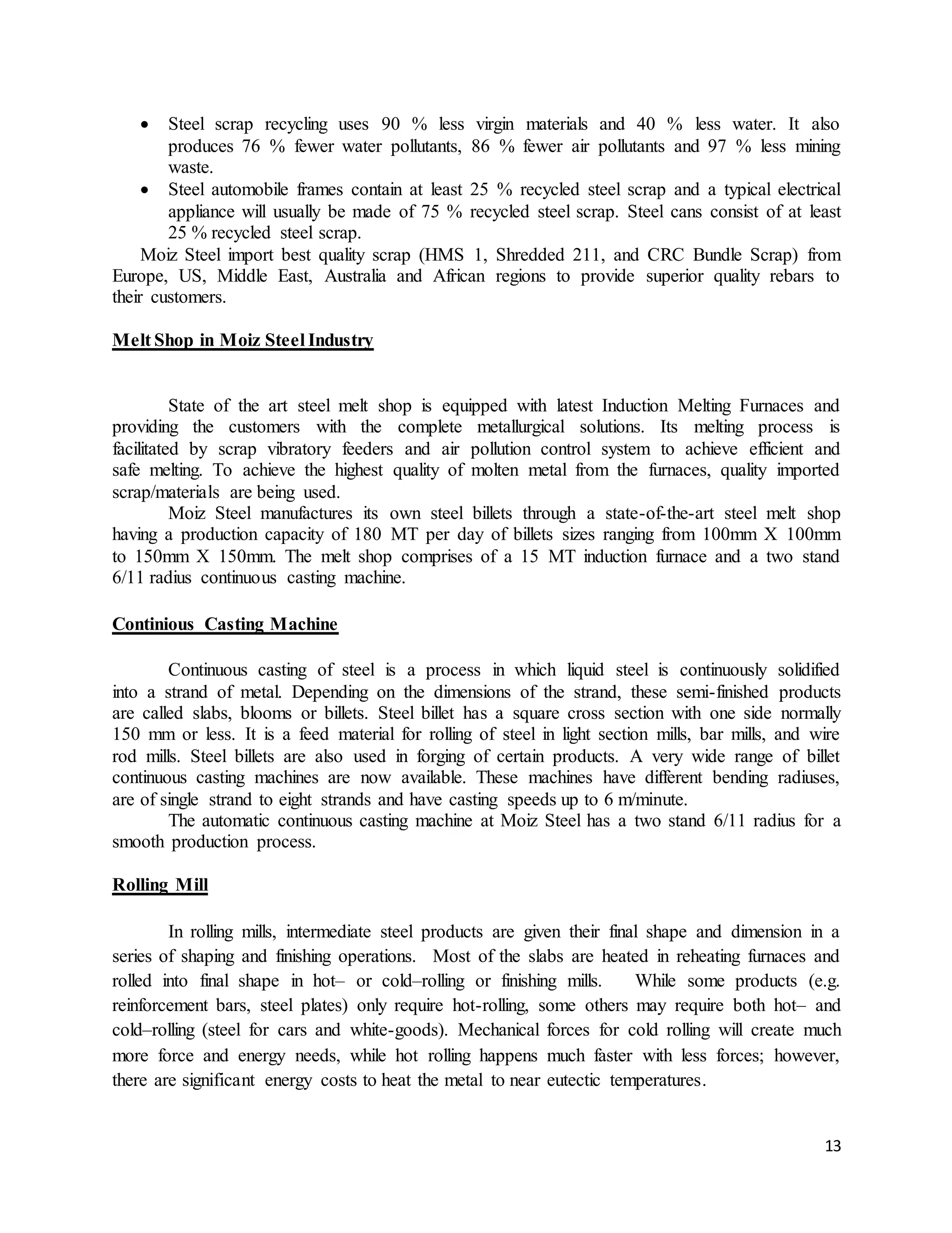 Internship report for Steel Mill ( Moiz Steel Mill ) | DOCX