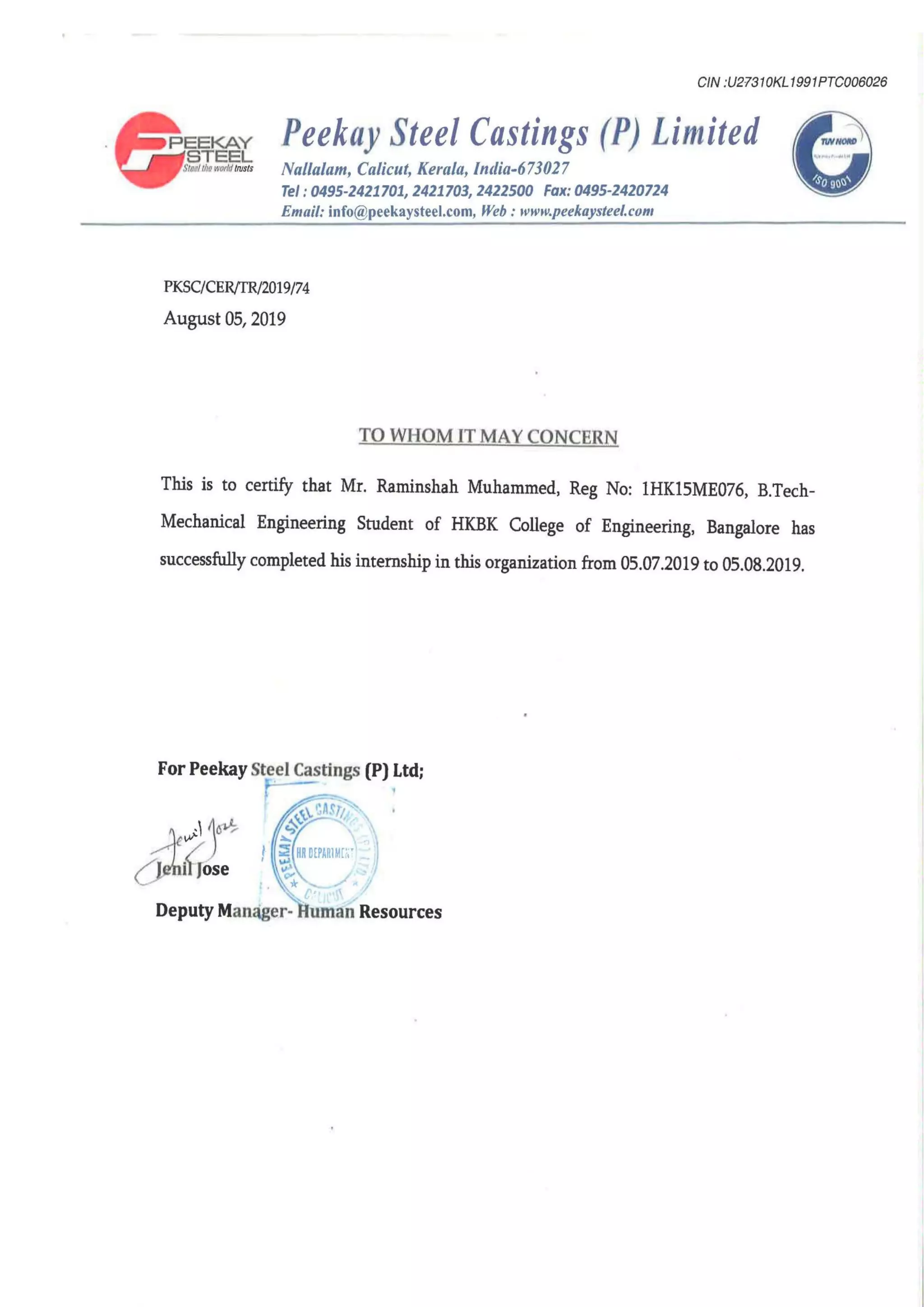 VTU Internship Report.[Peekay Steel Castings] | PDF