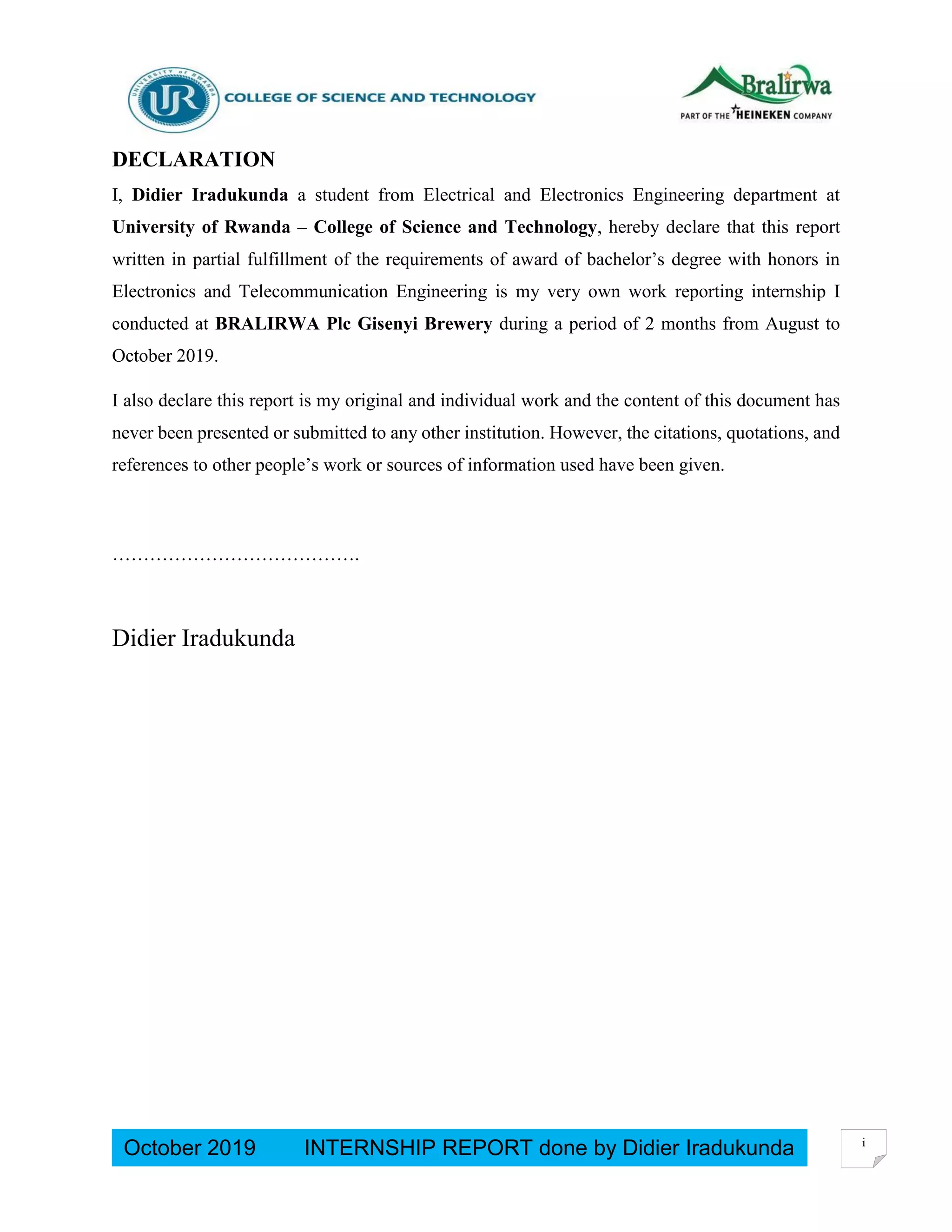 INTERNSHIP REPORT done by Didier Iradukunda (Electrical and Computer Engineer) at Bralirwa in ...