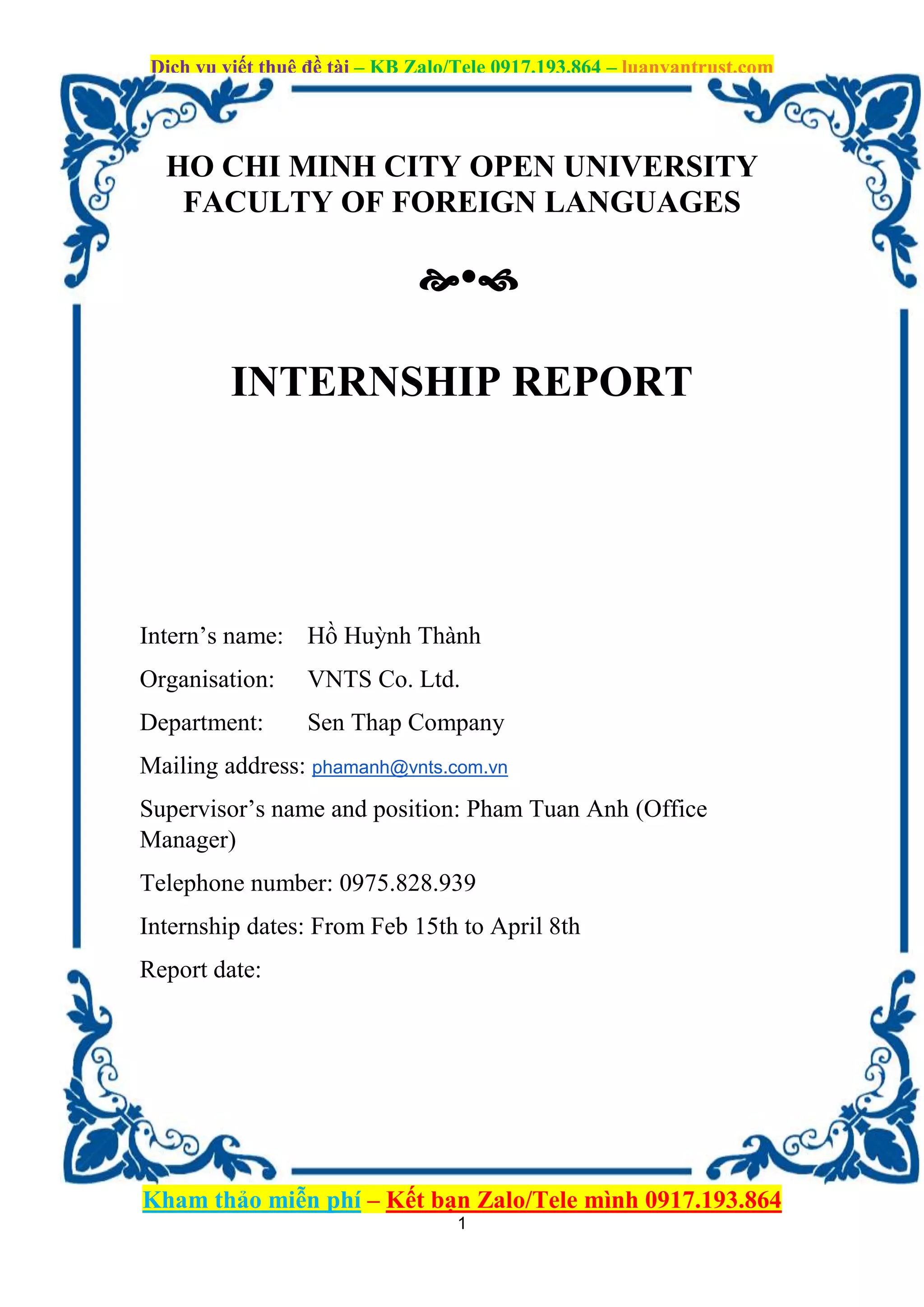 Internship Report faculty of foreign languages ho chi minh city open ...