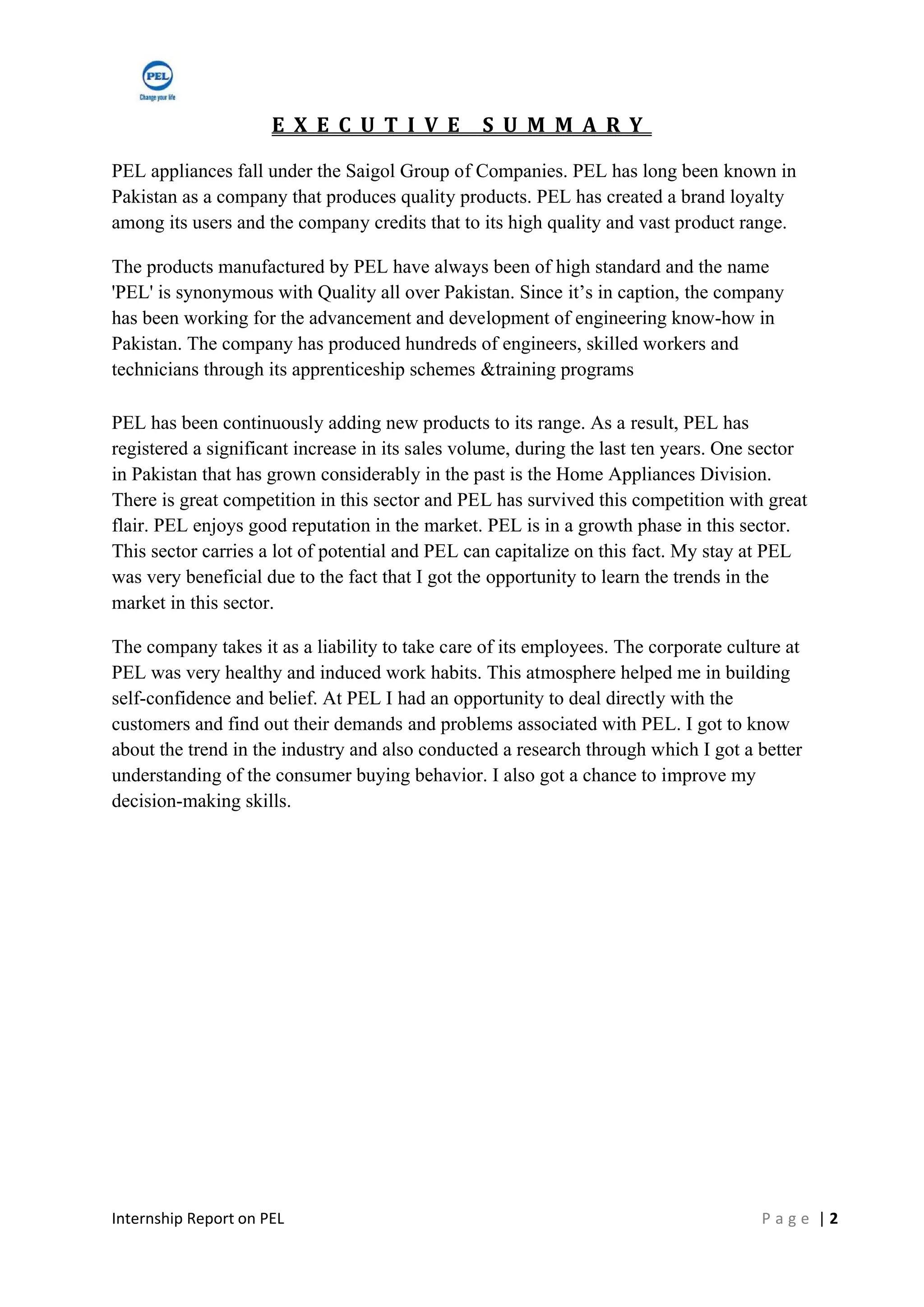 Internship report on pel | PDF