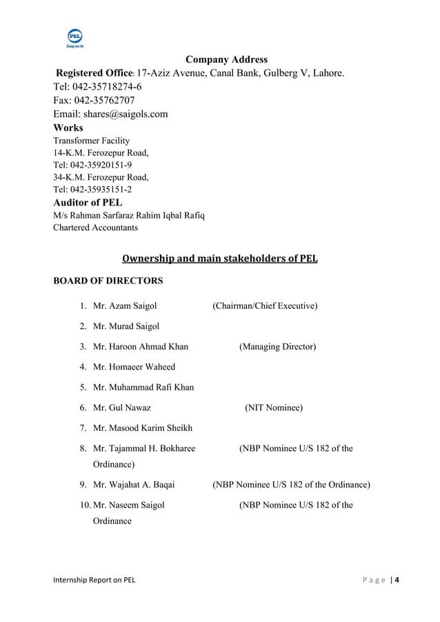 Internship report on pel | PDF