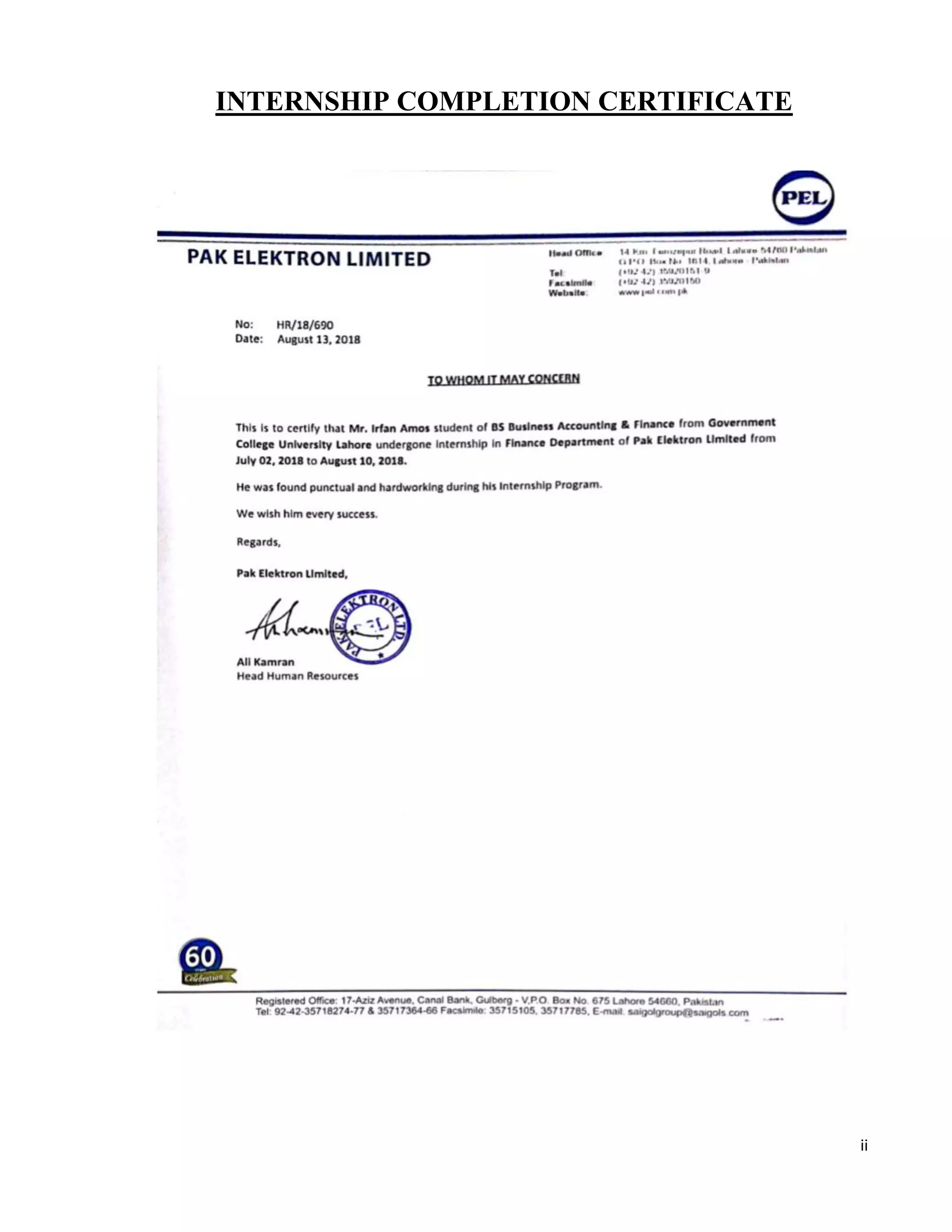 Internship report on PEL by irfan amos | PDF