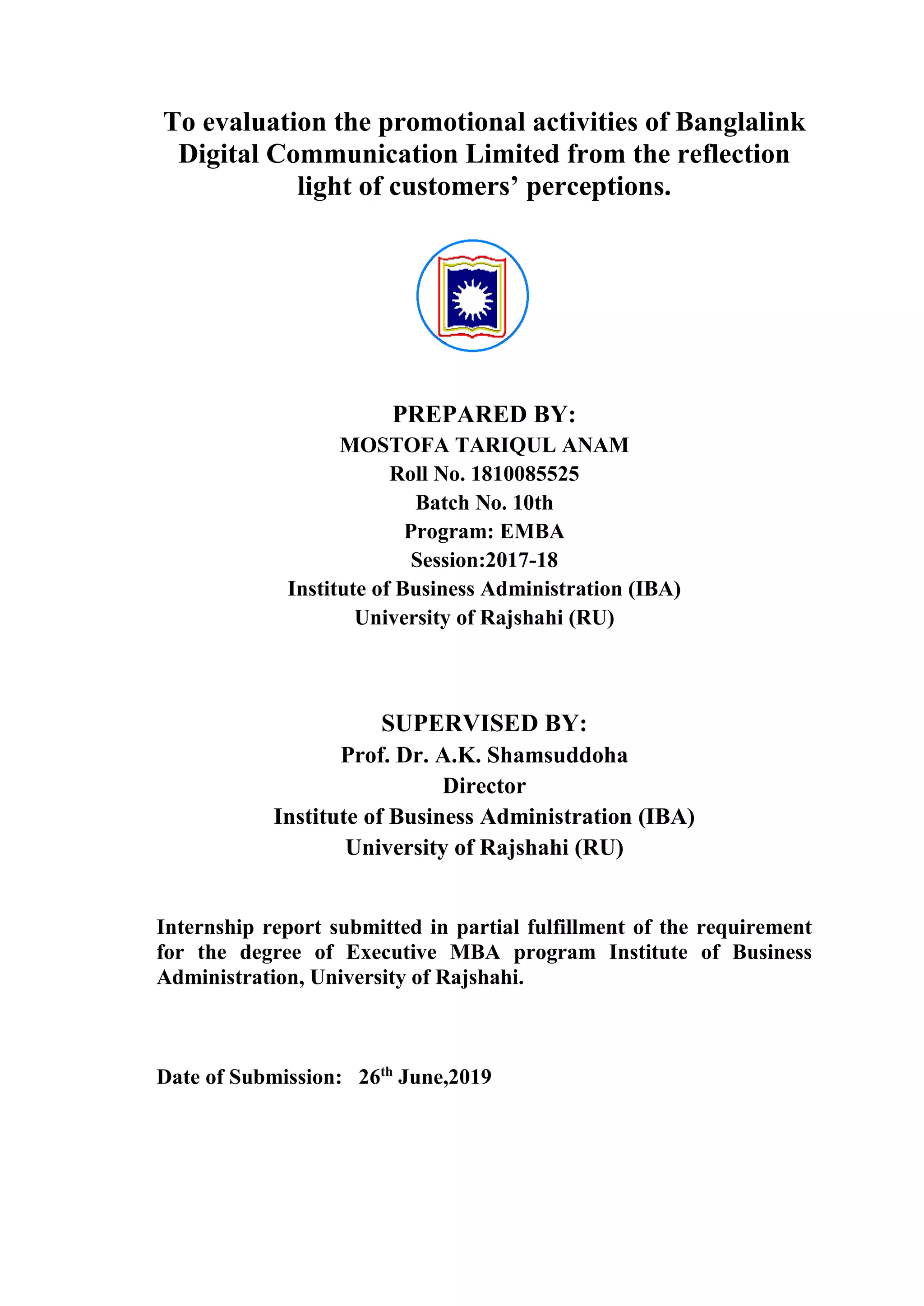 Internship report on promotional activities of banglalink 26 jun-19 | PDF