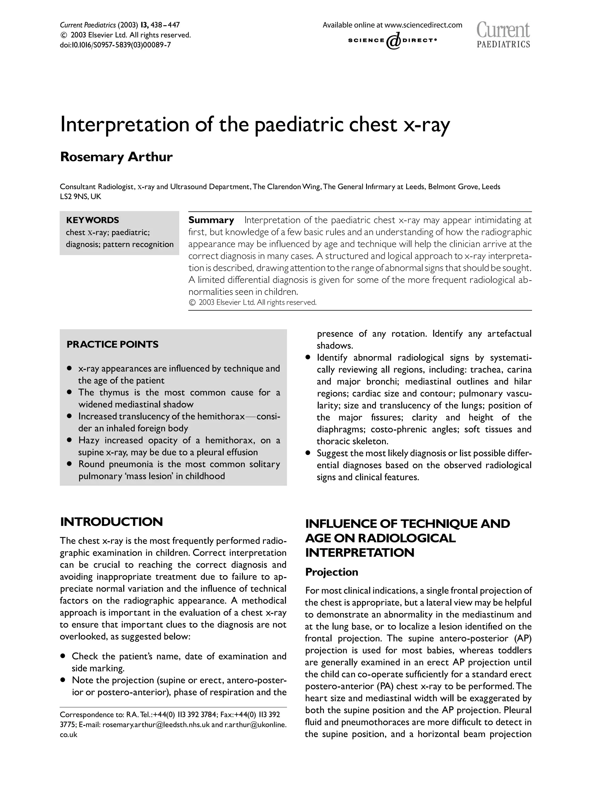 Interpretation of the paediatric chest x-ray | PDF