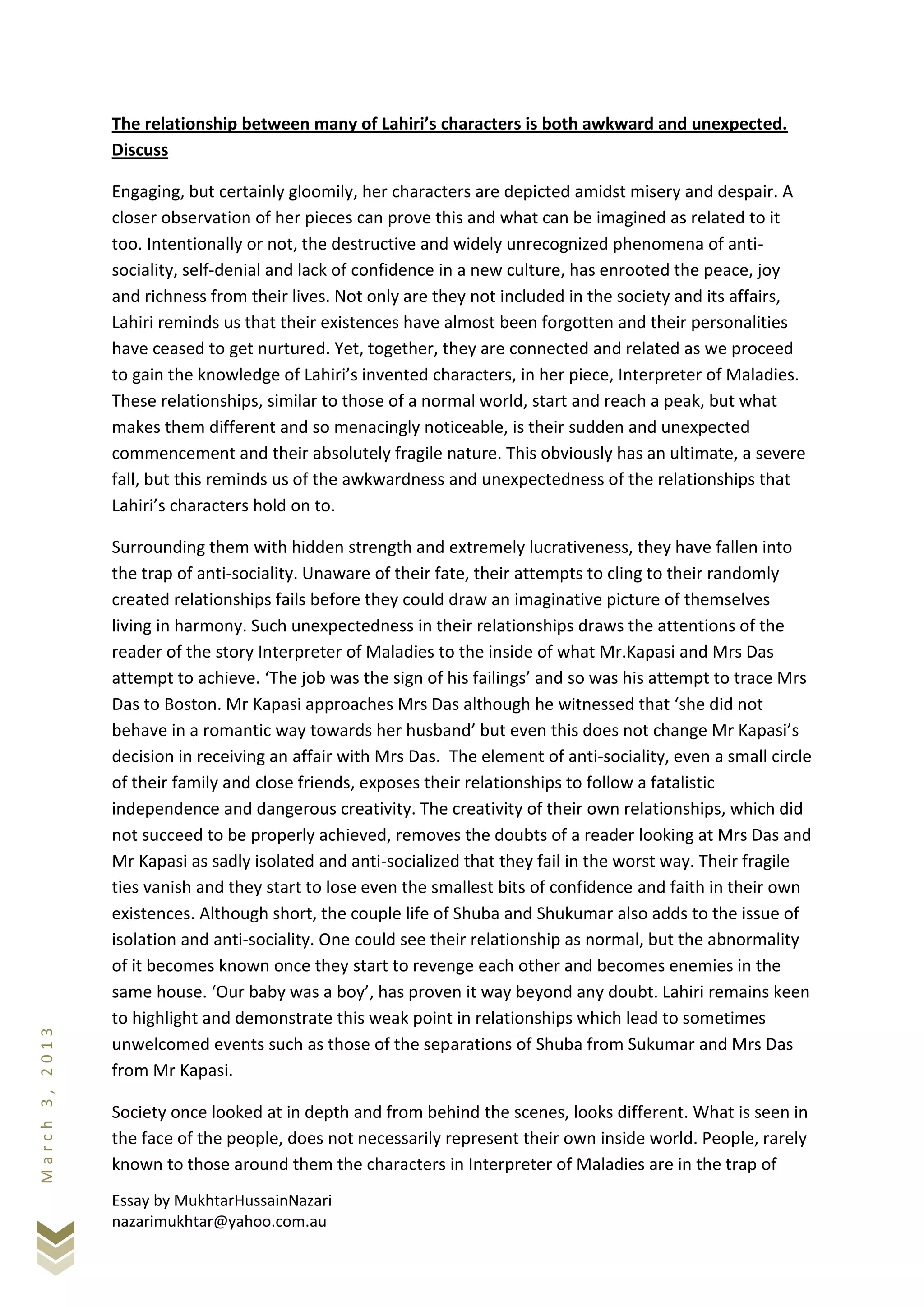 Interpreter of maladies text response vce | DOCX