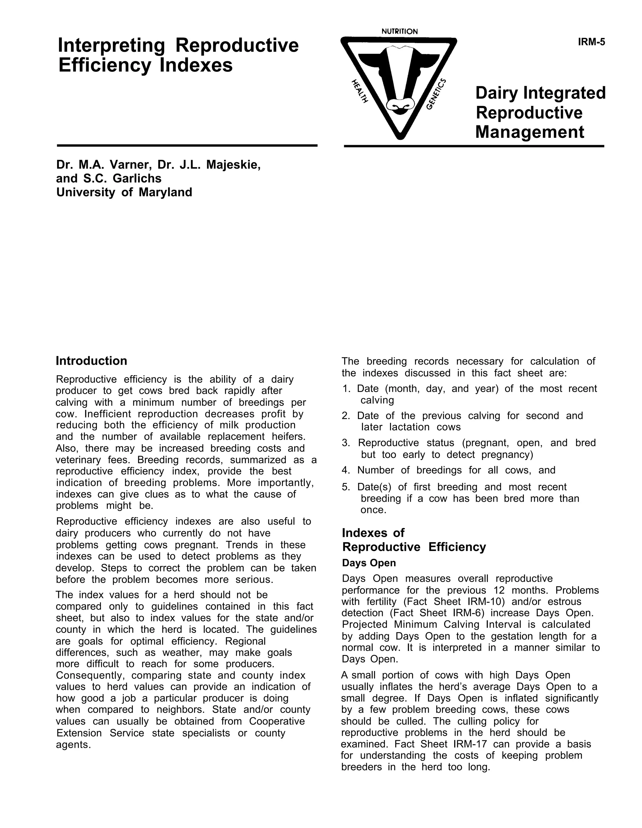 Interpreting Reproductive Efficiency Indexes | PDF