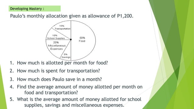 Interpreting data (Pie Graph)for mathematics grade 6 quarter 4 | PPTX | Food & Drink