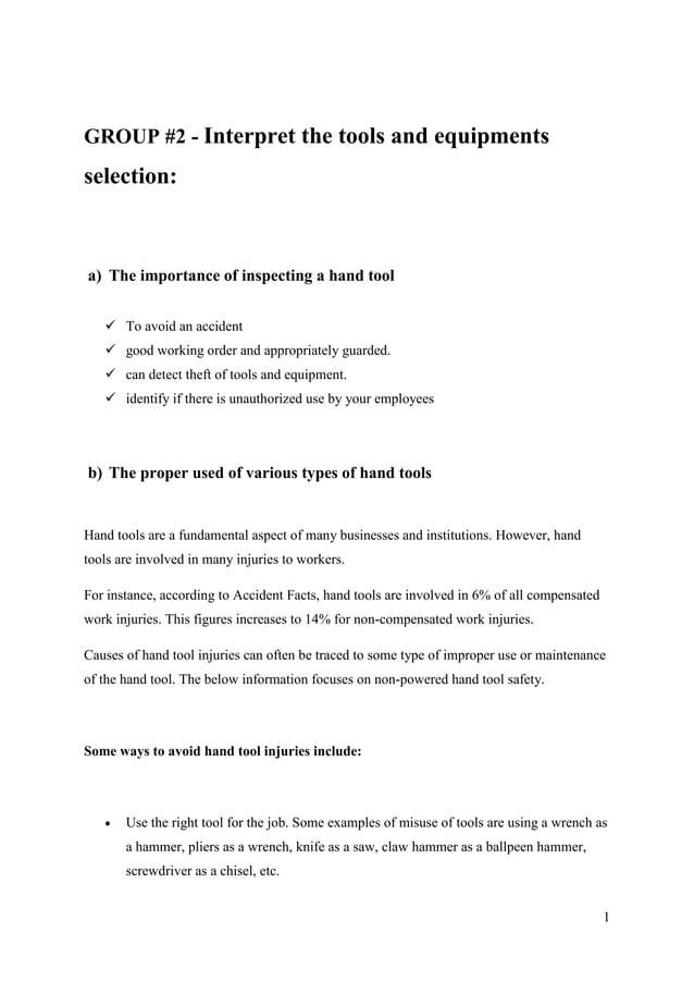 Interpret the tools and equipments selection | DOCX