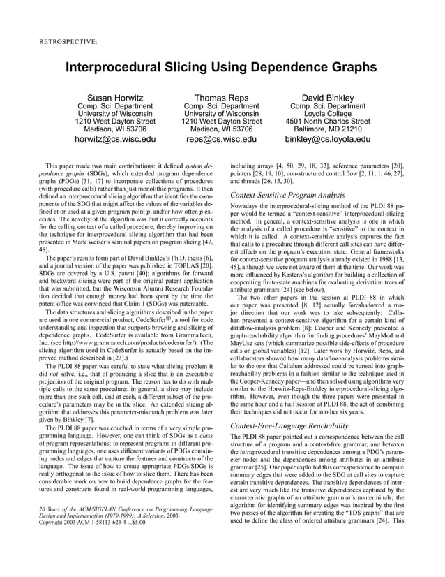 Interprocedural Slicing Using Dependence Graphs | PDF
