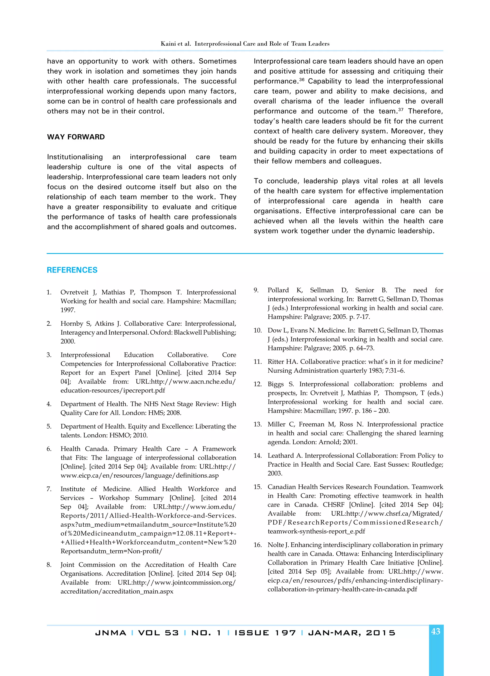 Interprofessional care and role of team leaders (by B K Kaini) | PDF