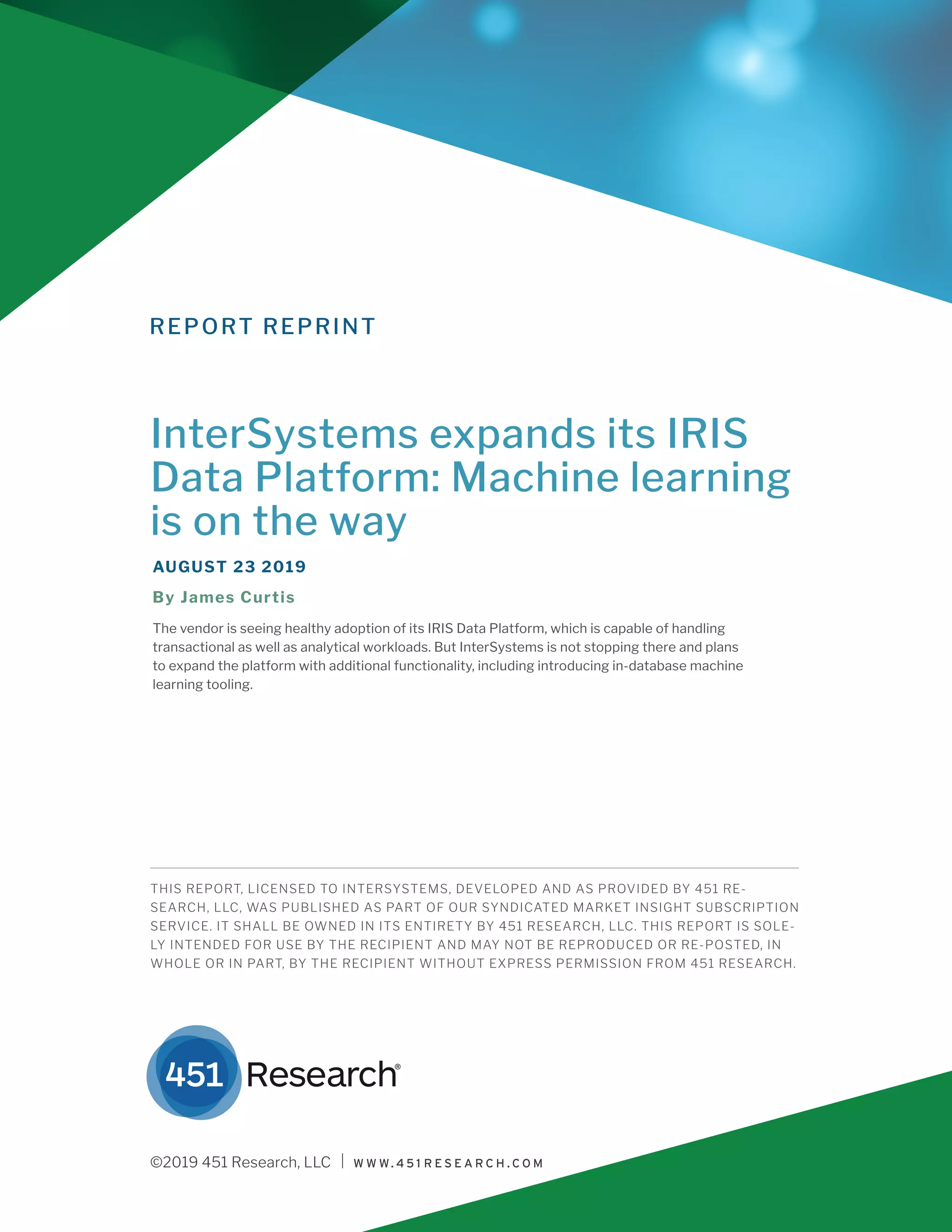 InterSystems IRIS Data Platform : Machine learning on the way | PDF
