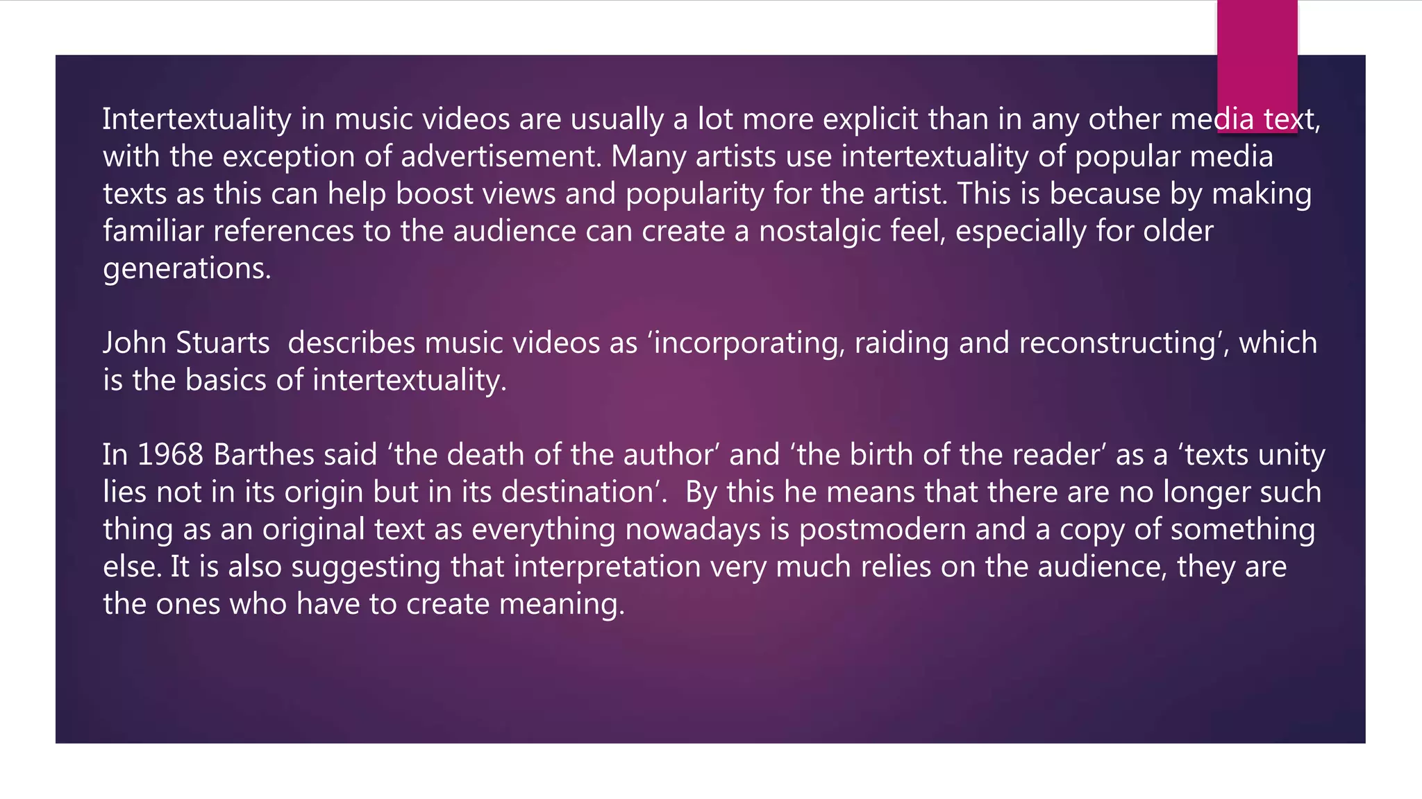 Intertextuality and Postmodernism in Music Videos | PPTX