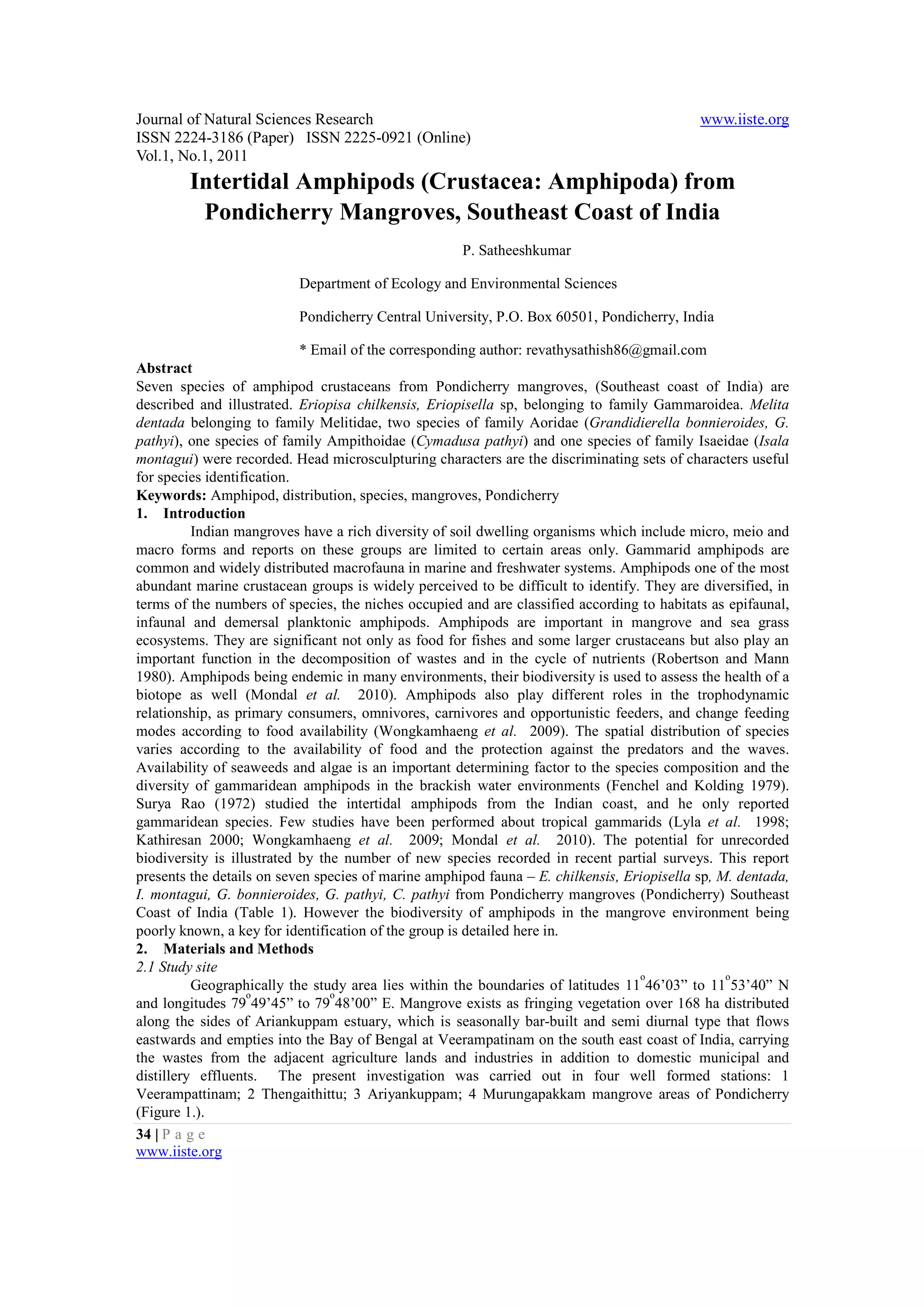Intertidal amphipods crustacea amphipoda from pondicherry mangroves, southeast coast of india | PDF