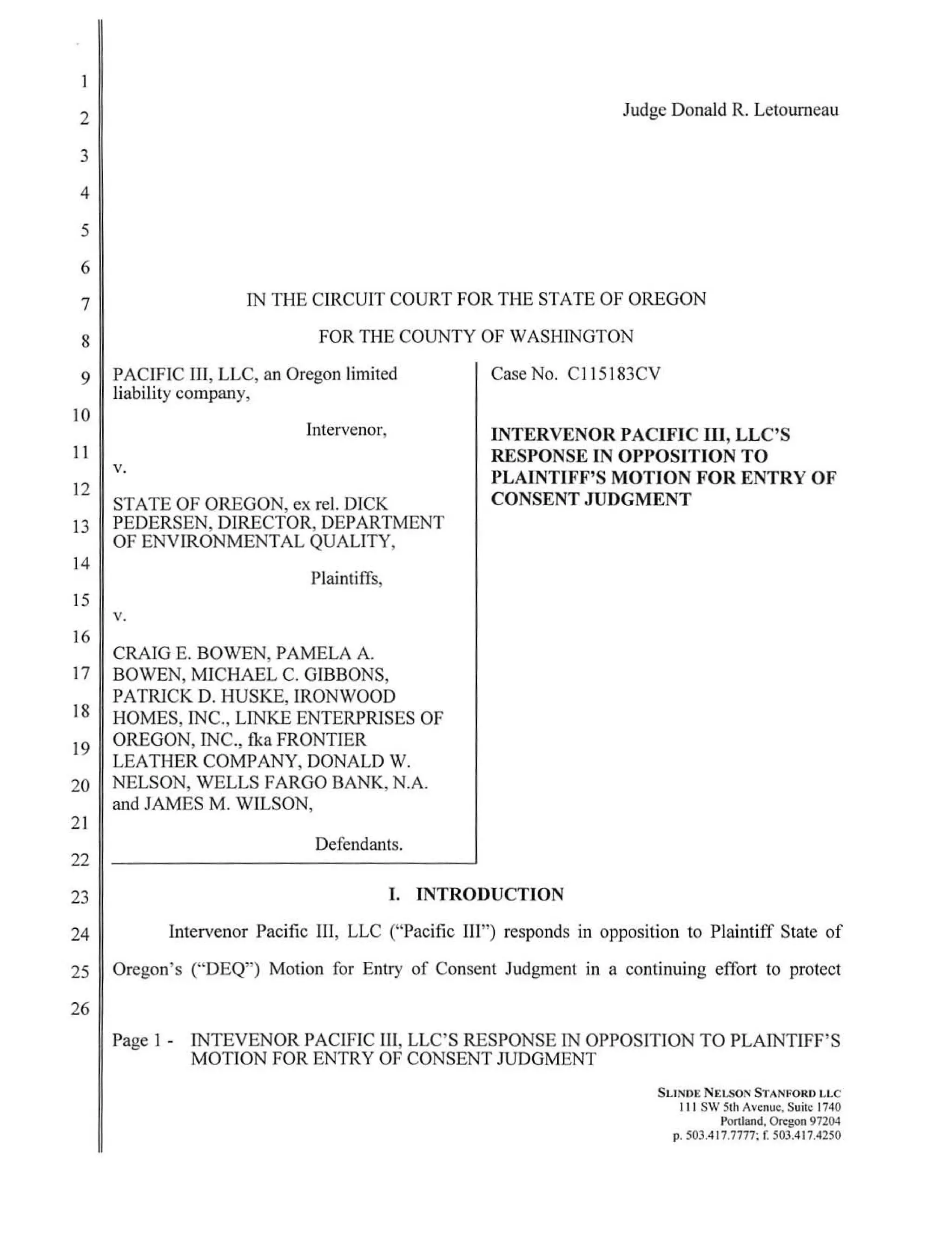 Intervenor Opposition to DEQ motion for Entry of Consent Judgment | PDF
