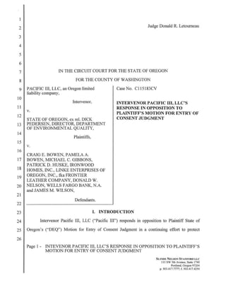 Intervenor Opposition to DEQ motion for Entry of Consent Judgment | PDF
