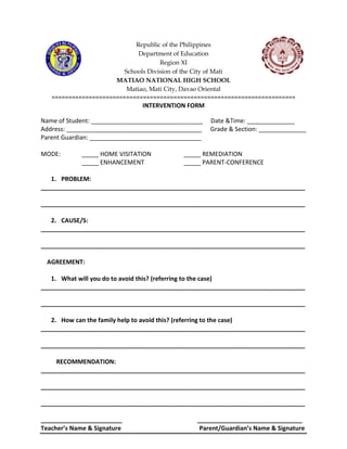 Sample Intervention form for students... | DOCX