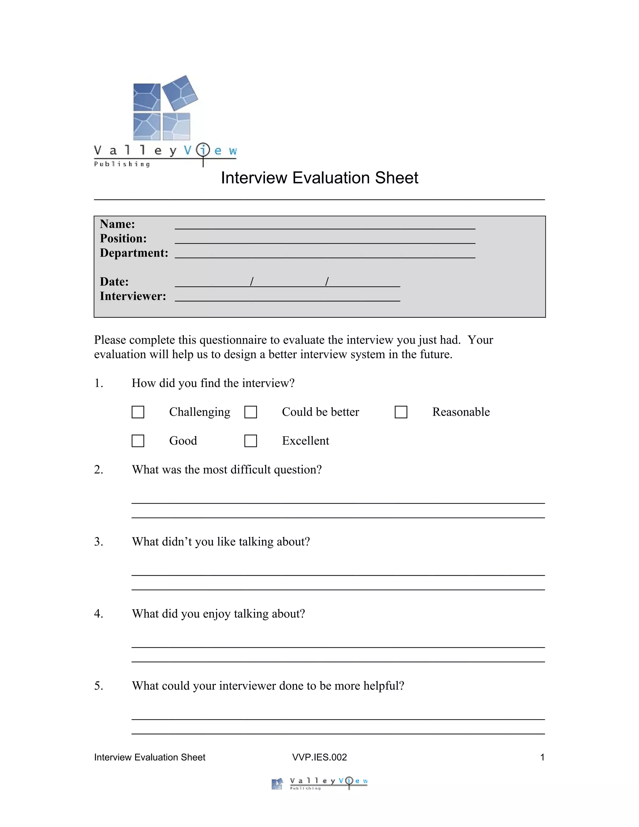 Interview Evaluation Sheet Vvp.Ies.000