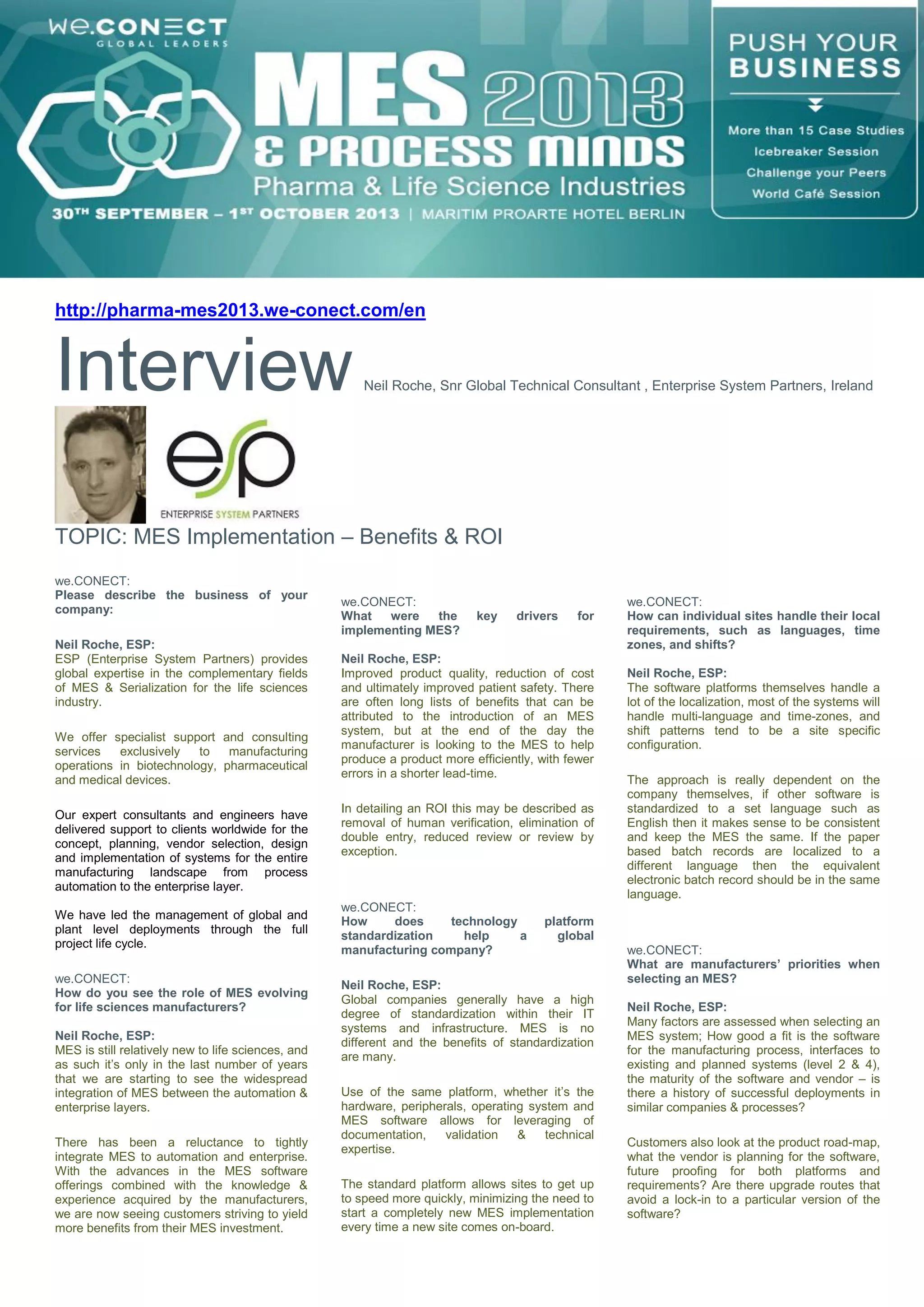 MES & Process Minds - Exclusive Speaker Interview - Neil Roche from ESP / Ireland | PDF