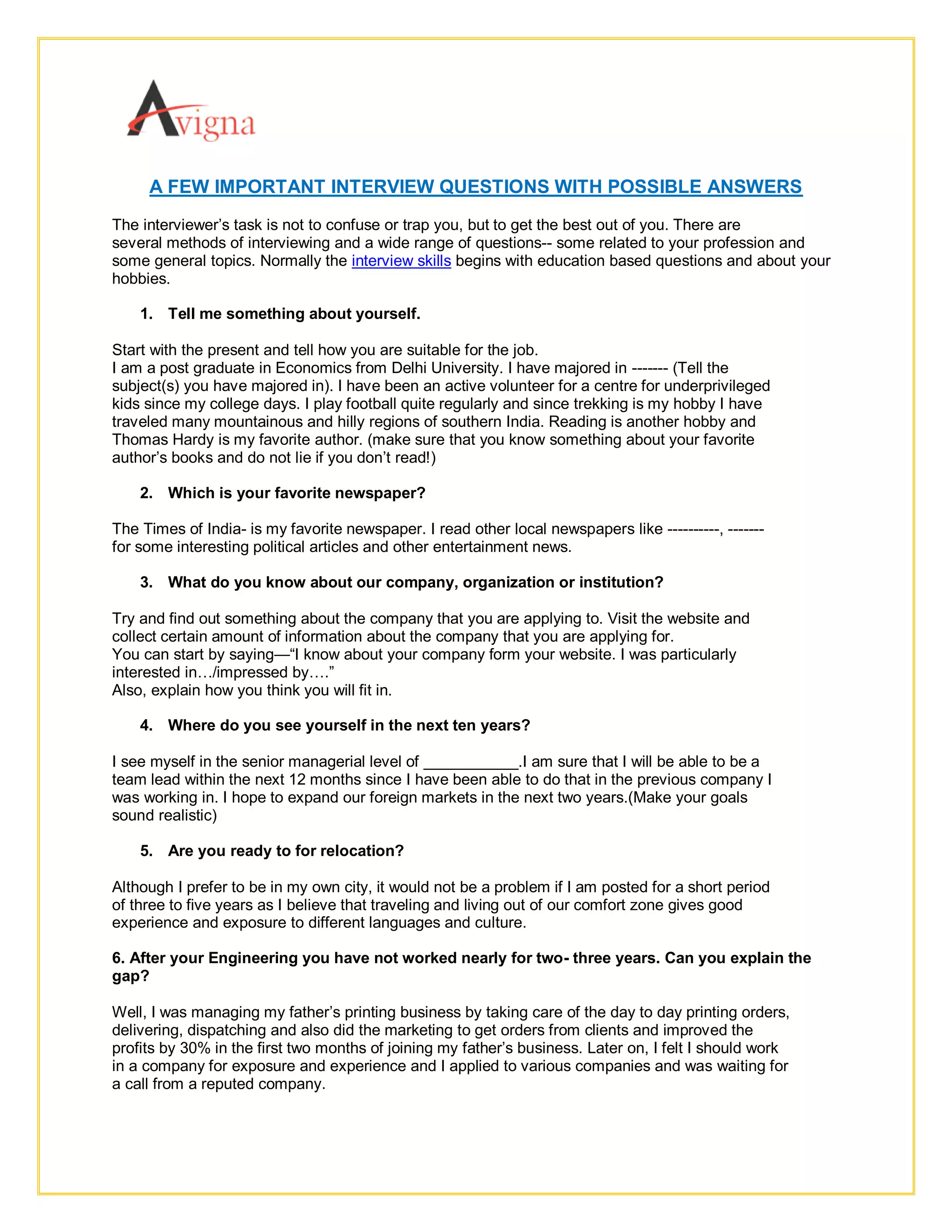 Interview preparatory questions | PDF | Resume Writing and Advice | Job ...