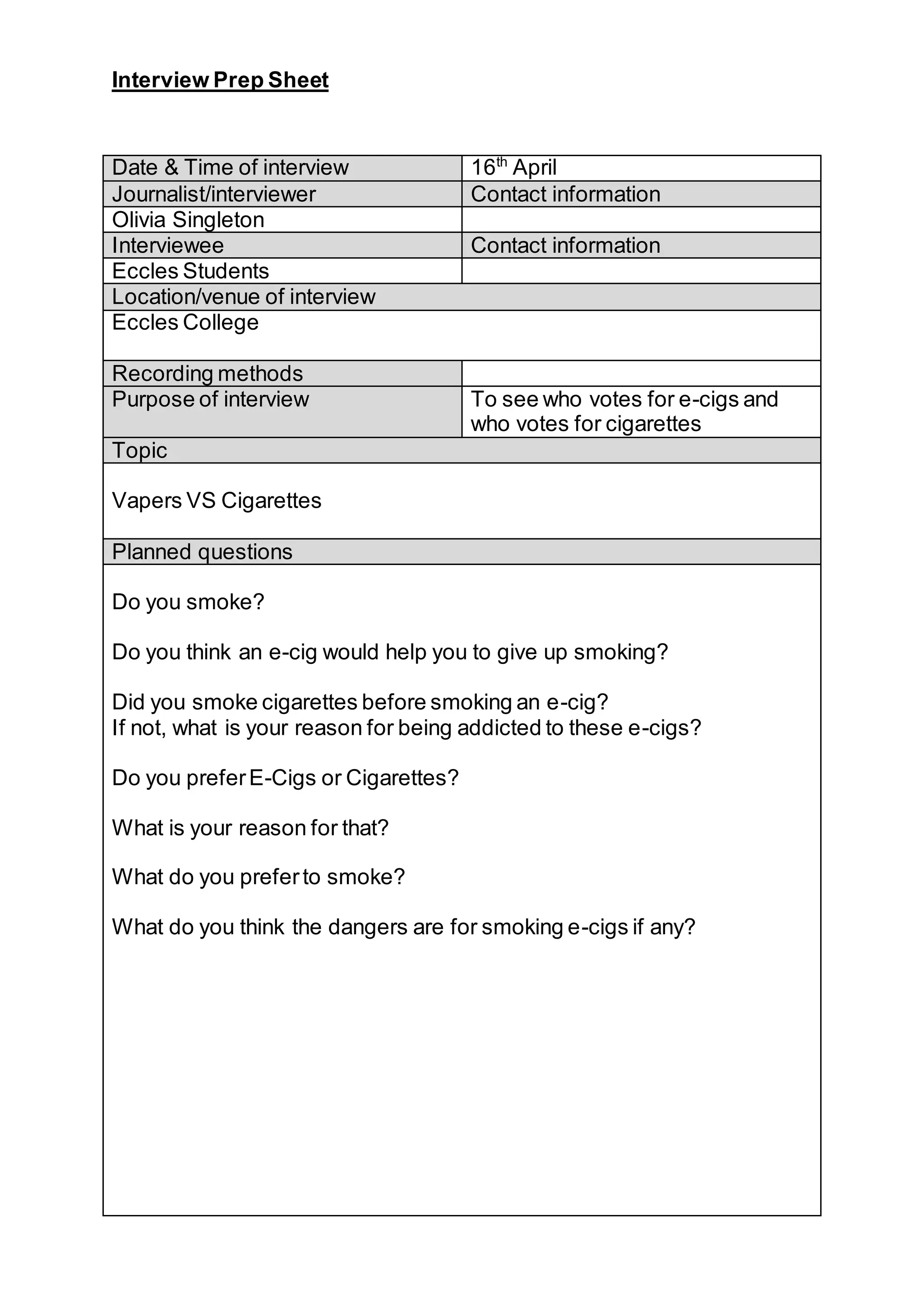 Interview prep sheet | DOCX